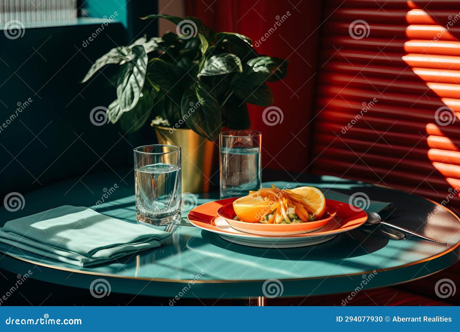 A Table with a Plate of Food and a Glass of Water Stock Illustration ...