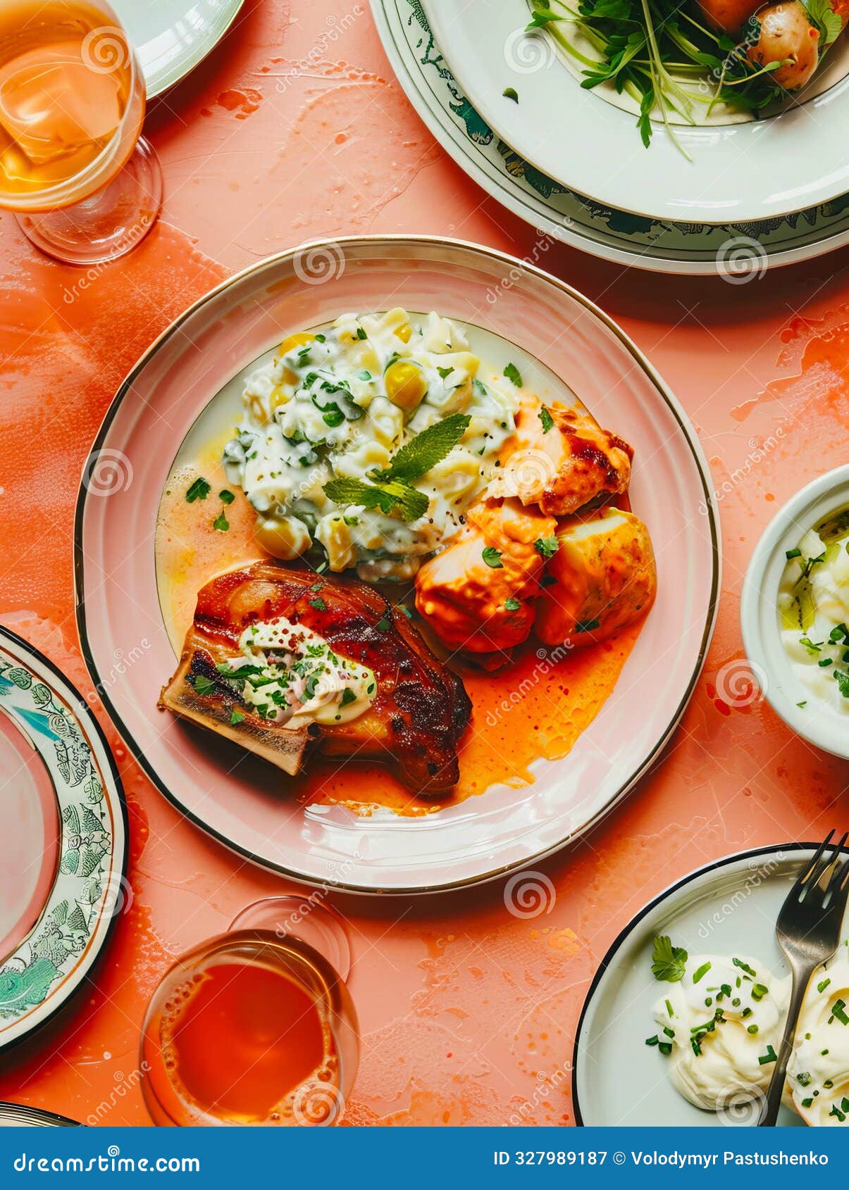 A Table with Plates of Food and Drinks Stock Image - Image of potato ...