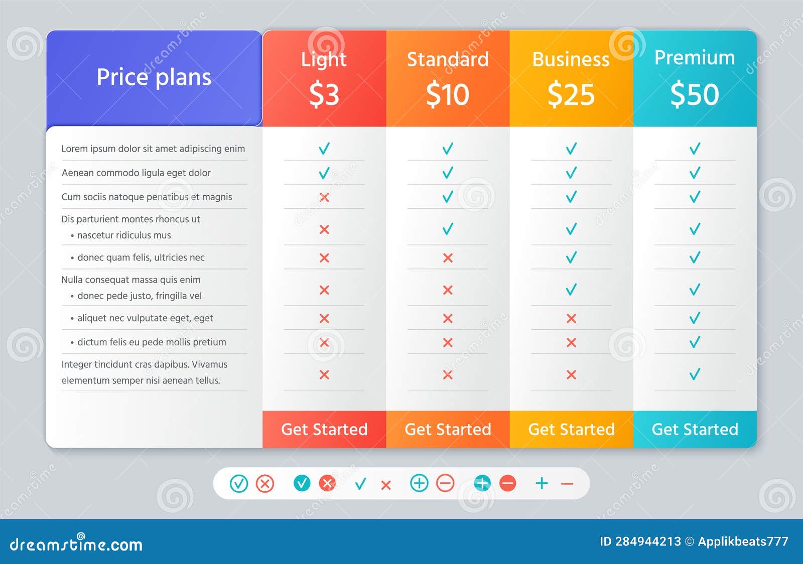Table Price Chart. Vector Illustration. Comparison Plan Template Stock ...