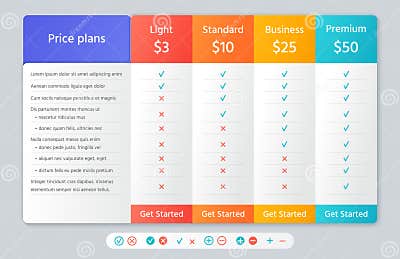 Table Price Chart. Vector Illustration. Comparison Plan Template Stock ...