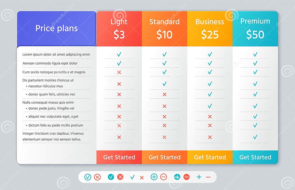 Table Price Chart. Vector Illustration. Comparison Plan Template Stock ...