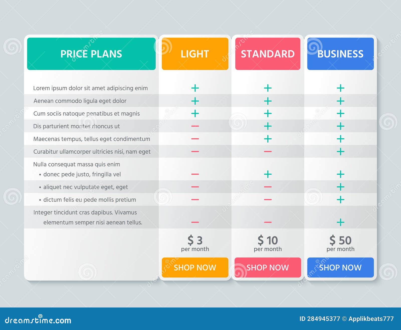 Table Price Comparison. Vector Illustration. Chart Plan Color Template ...