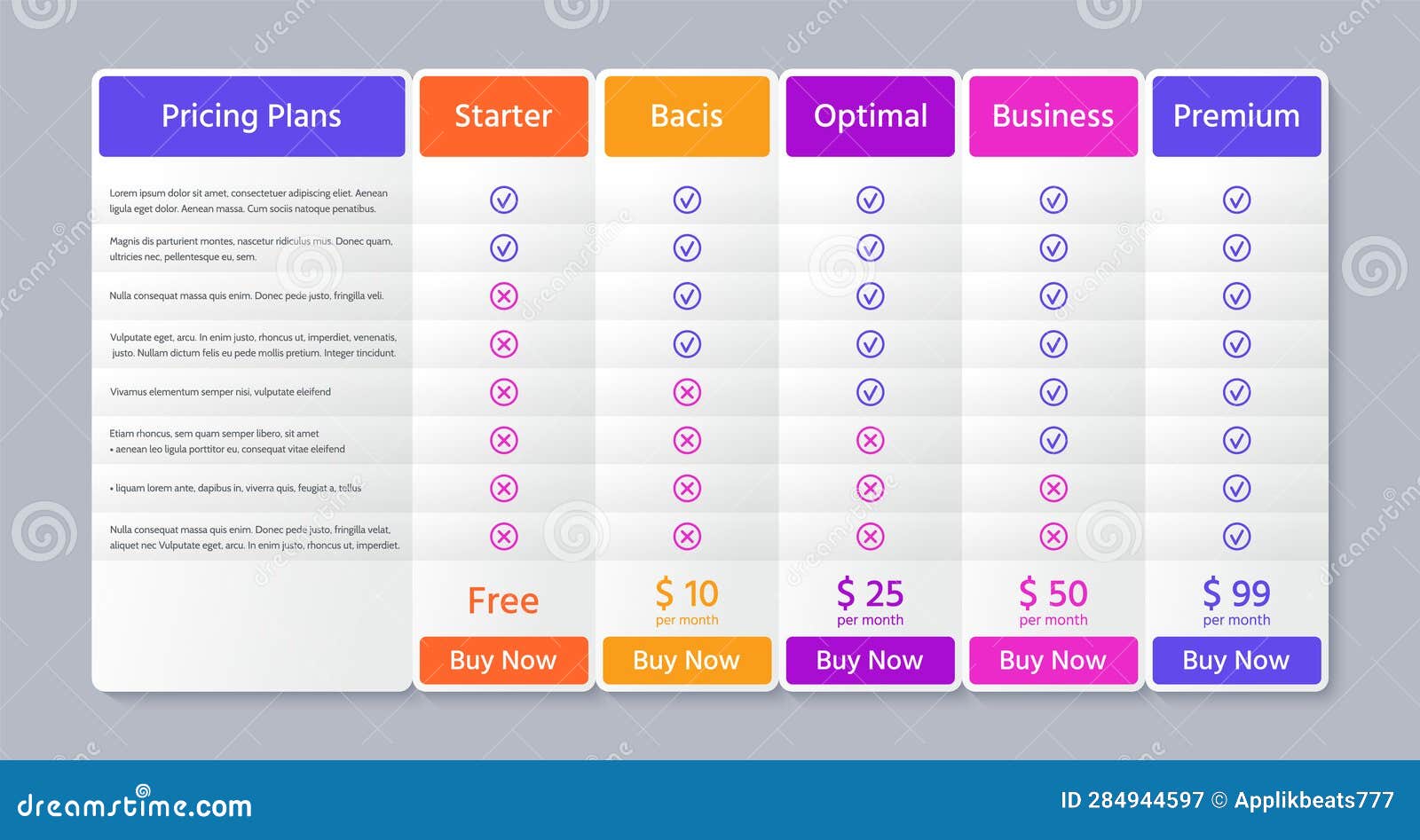 Price Plans. Comparison Table Pricing Grid, Checklist Price Chart ...