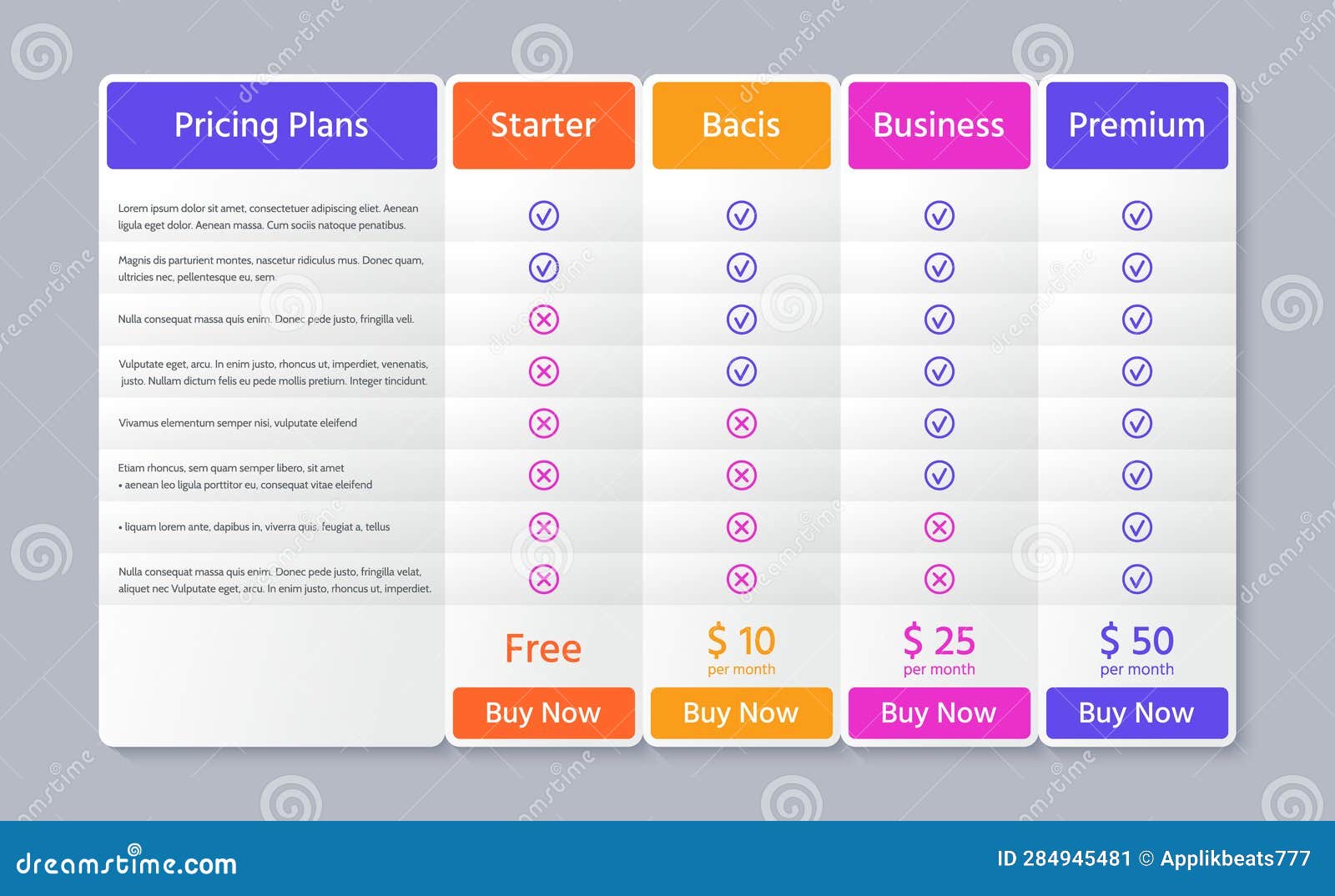 Table Price Comparison. Vector Illustration. Chart Plan Layout ...