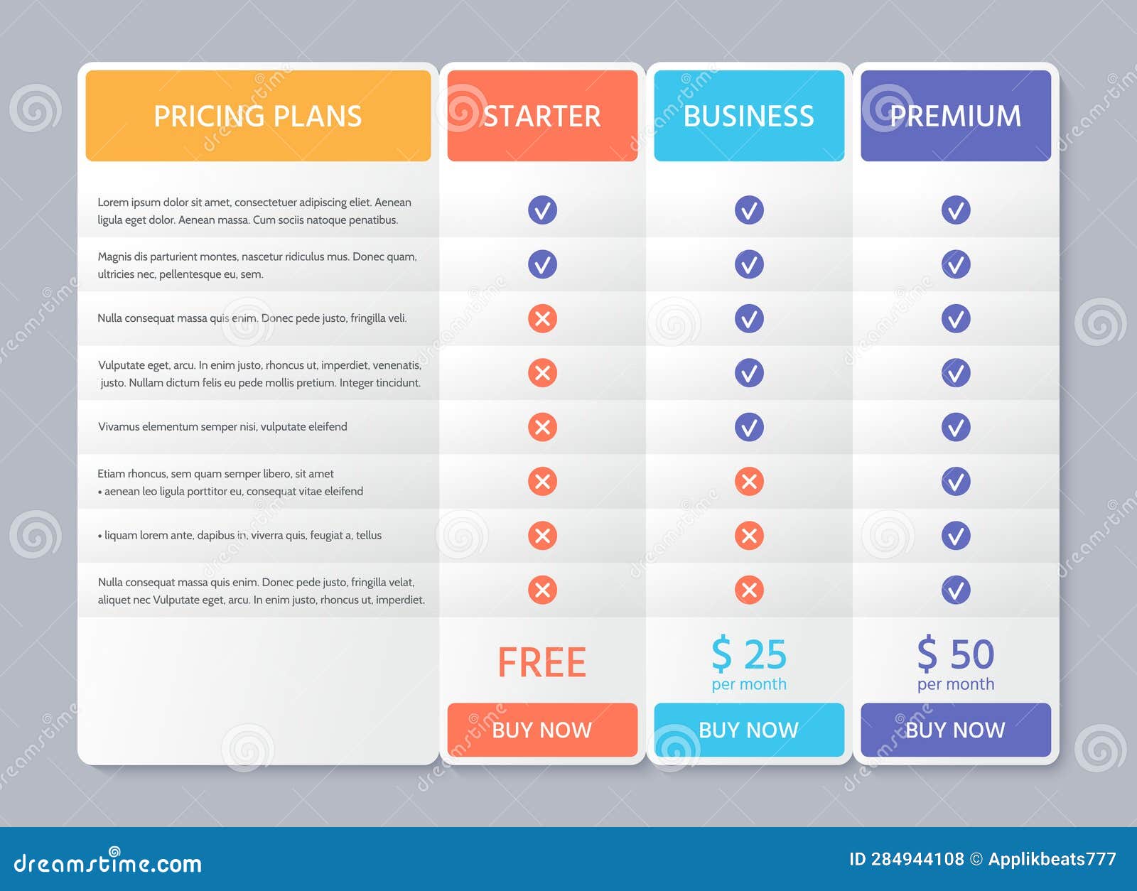 Price Table Comparison Template with 3 Columns. Vector Illustration ...