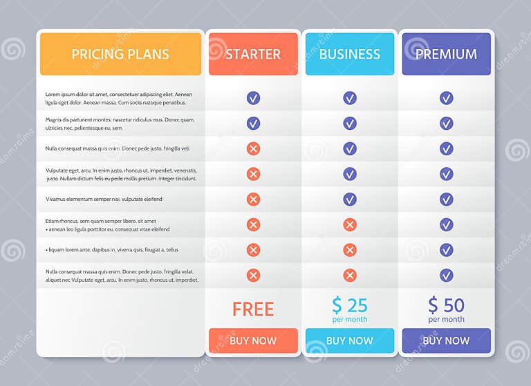 Price Table Comparison Template with 3 Columns. Vector Illustration ...
