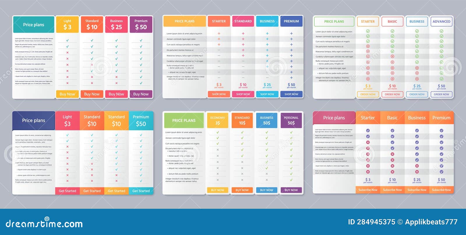 Price Table Comparison Template with 4 Columns. Vector Illustration ...