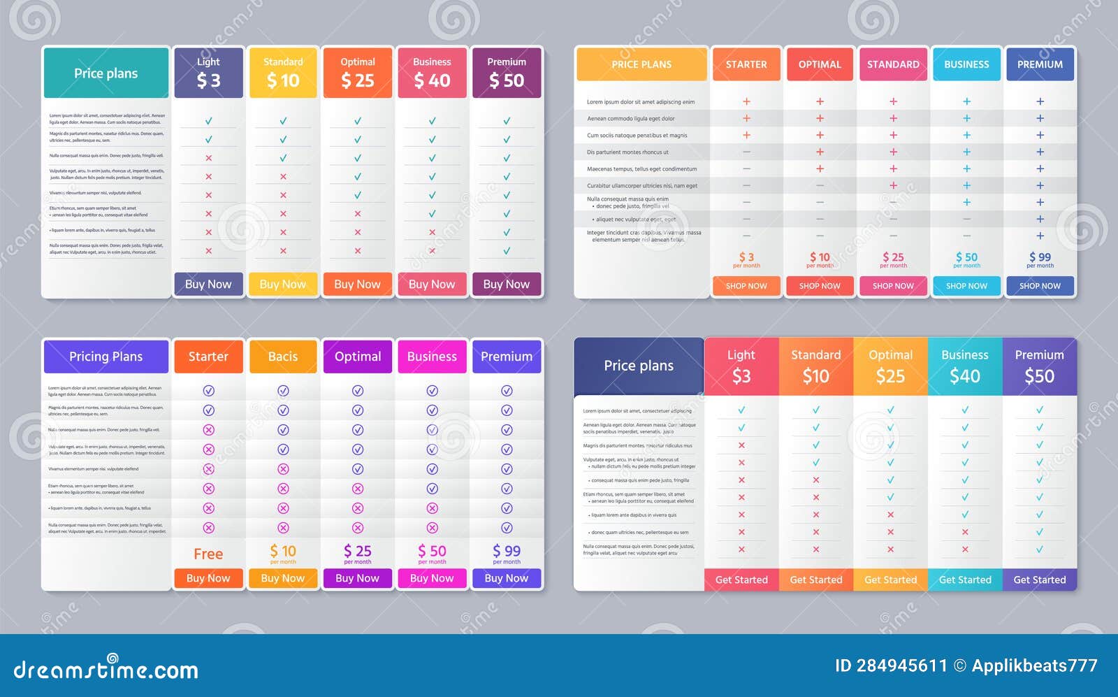 Price Table Comparison Template with 5 Columns. Vector Illustration Stock Vector - Illustration ...