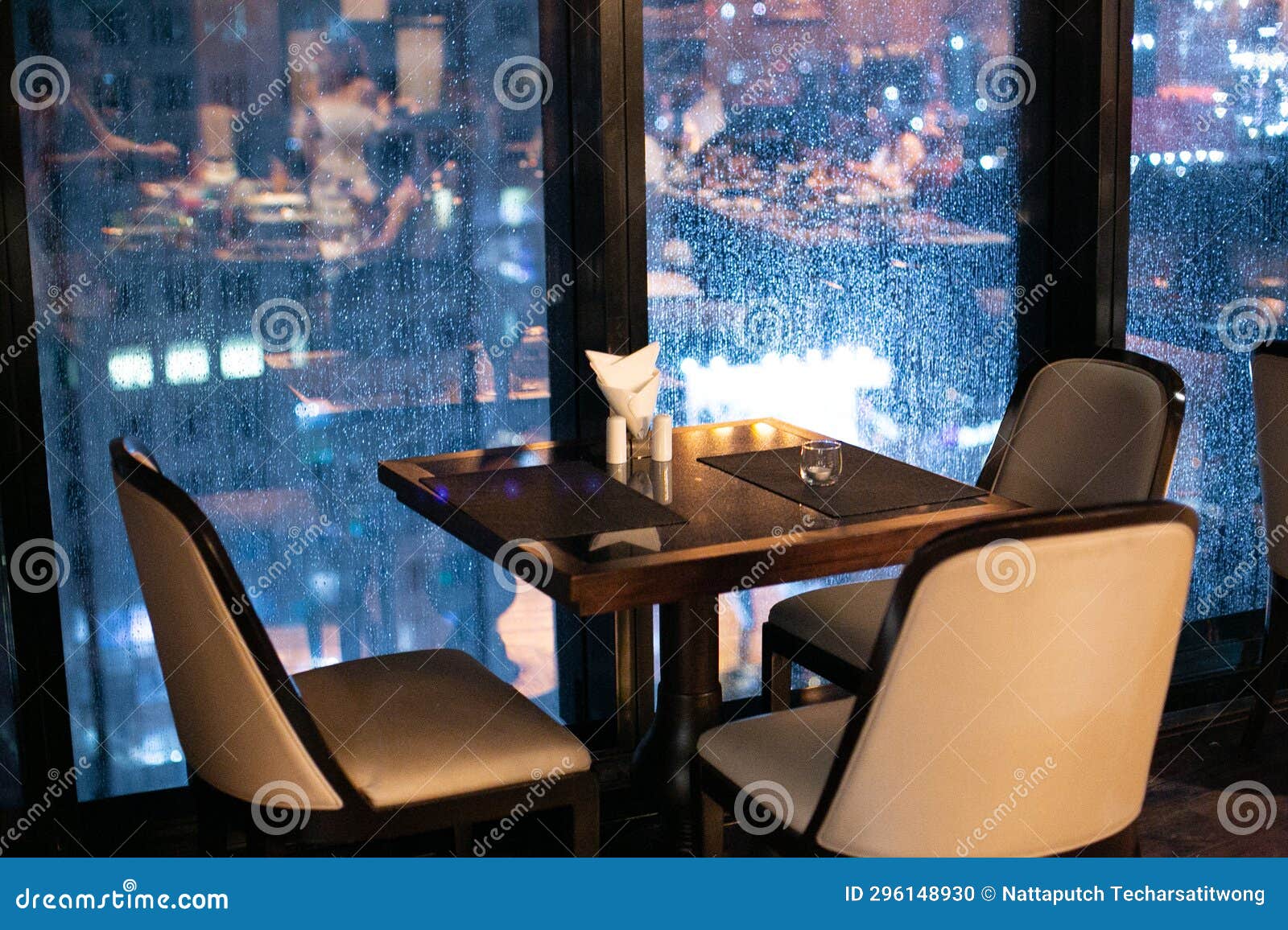 Table with a Rainy Window View Stock Photo - Image of background, drink ...