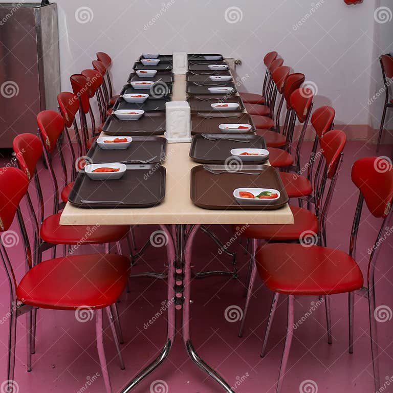 Table and Red Chairs in a School Canteen Stock Photo - Image of indoors ...