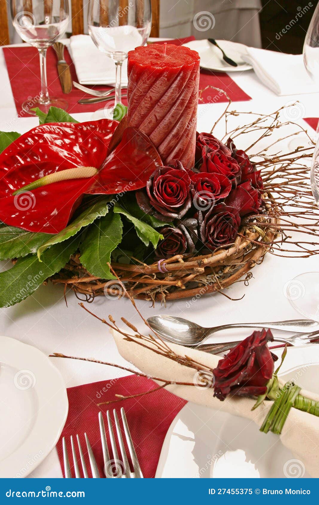 Table with Red Roses and Candle Stock Image - Image of floral, green ...