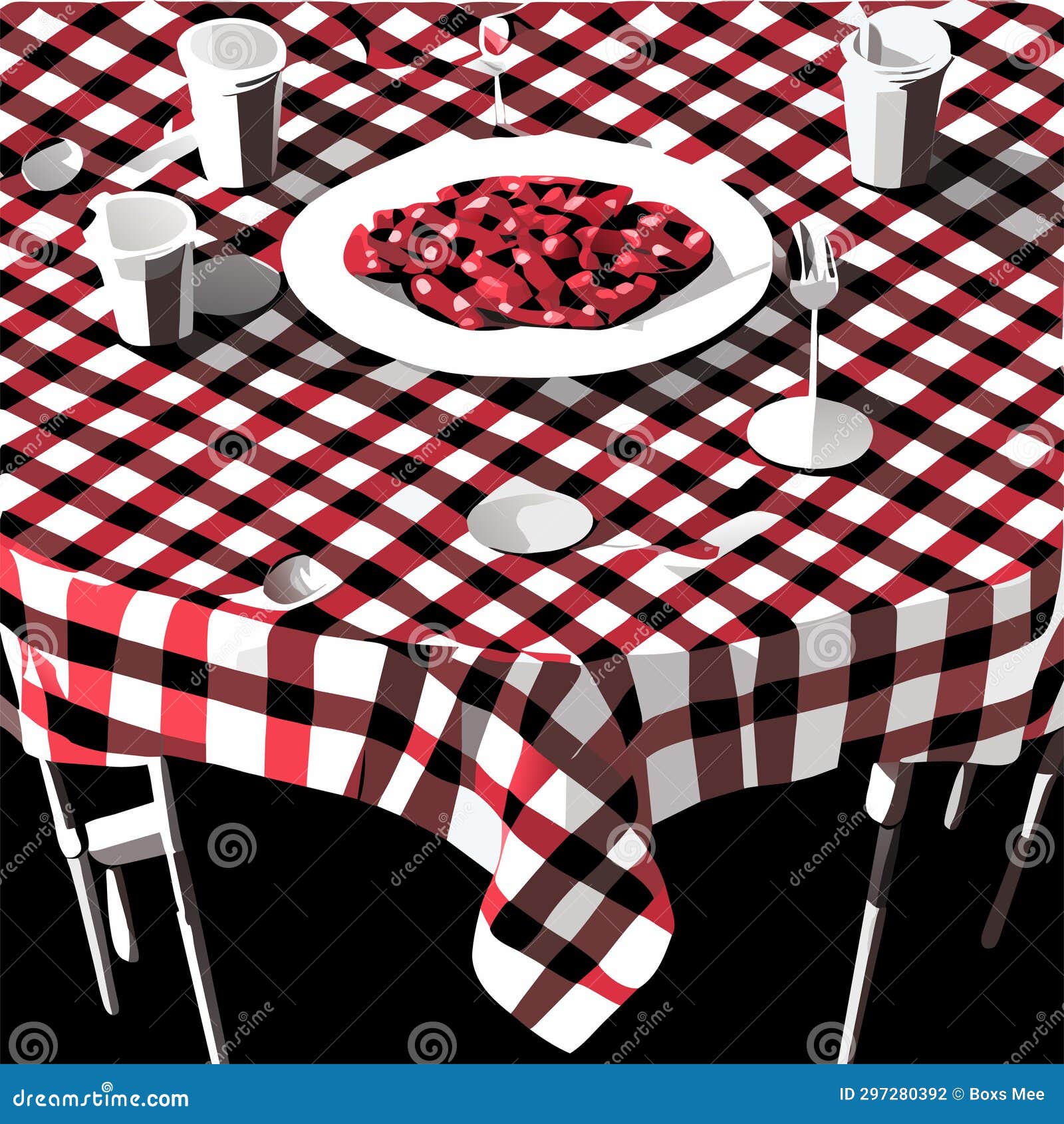 Table with Red and White Checkered Tablecloth. Vector Illustration ...