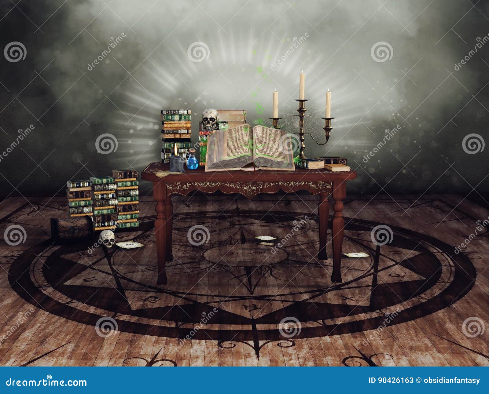 Table with ritual objects stock illustration. Illustration of table ...