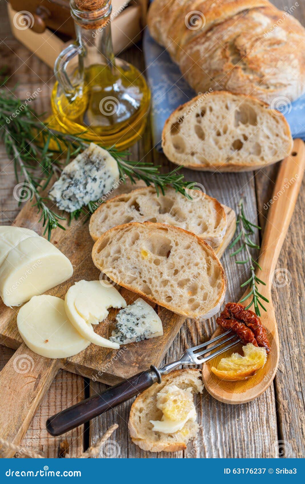 Table with Rustic Snacks and Homemade Bread. Stock Image - Image of ...