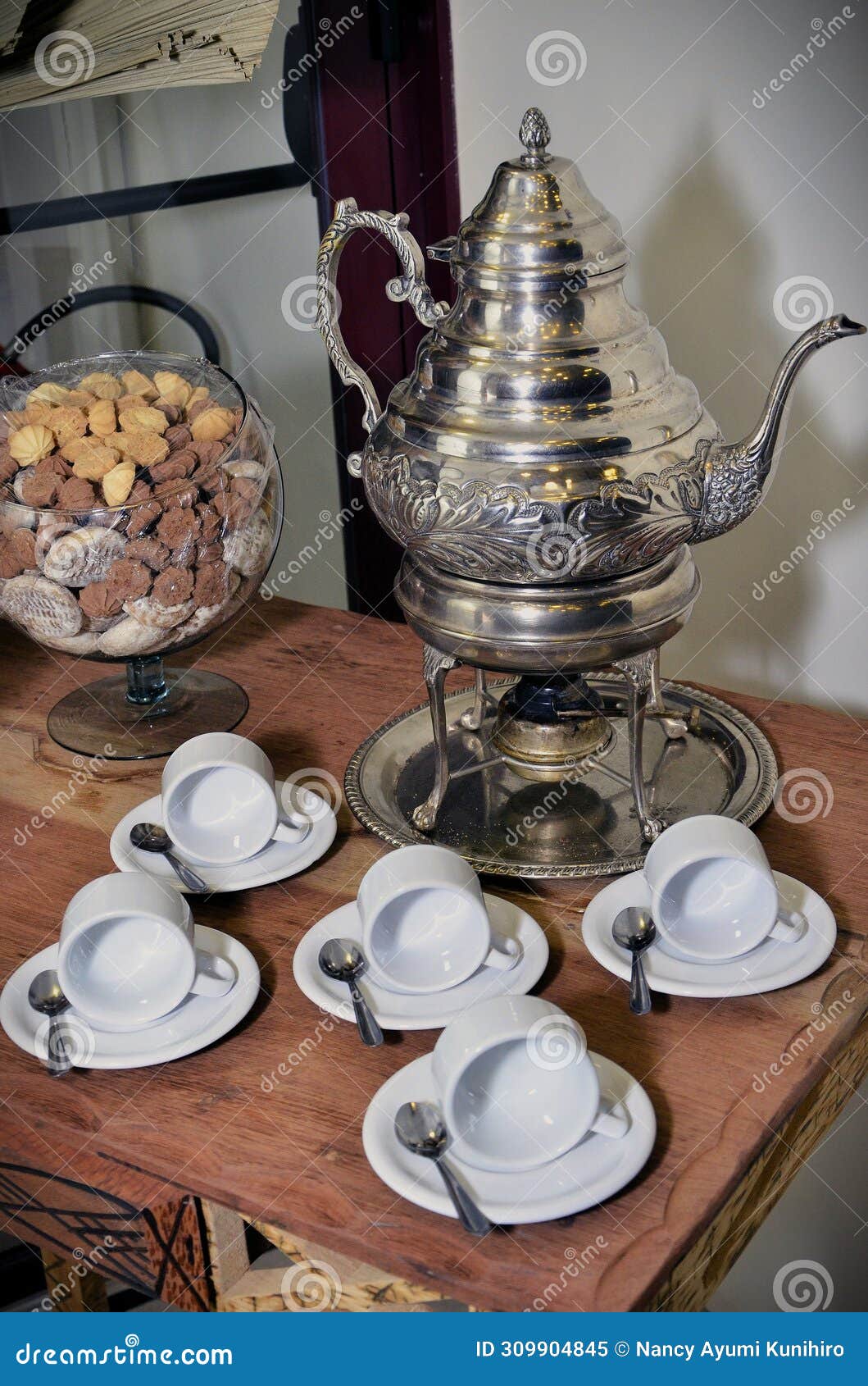 On the Table a Samovar with a Base, Cups for Coffee and Cookies Stock ...