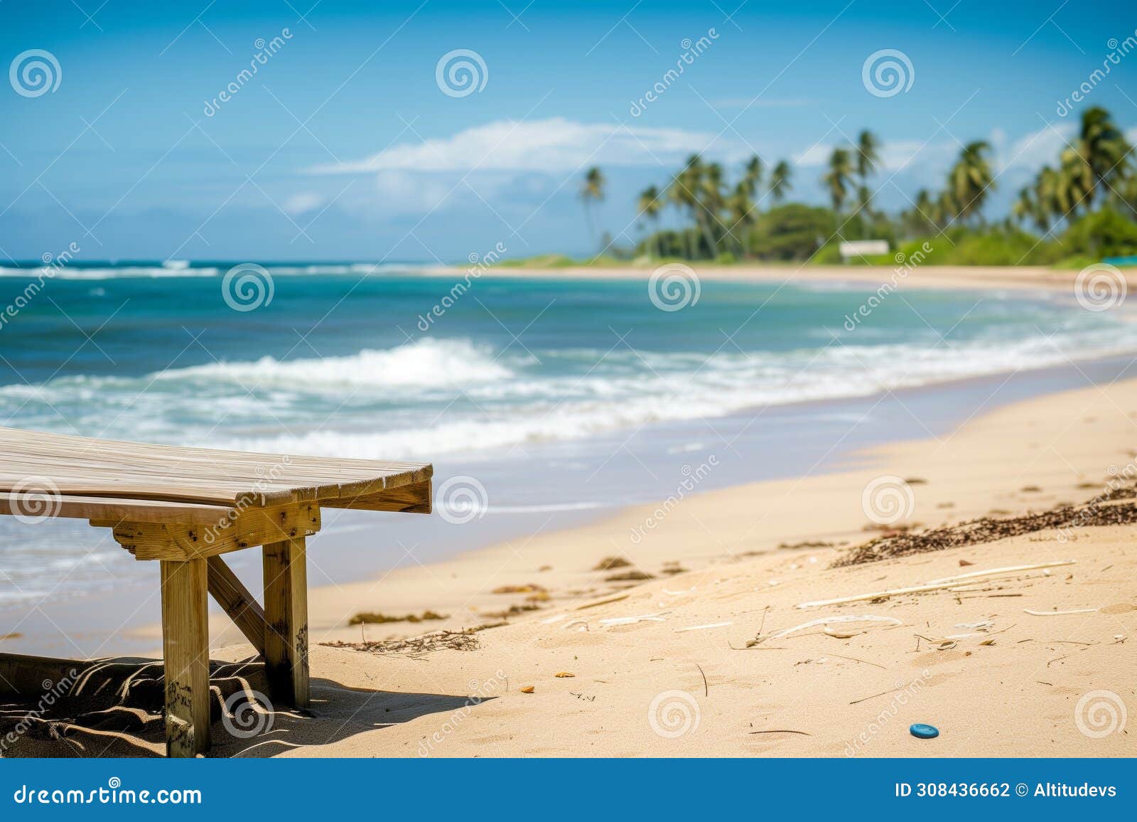 Table on Sandy Beach, Ocean Waves and Palm Trees in Distance Stock ...