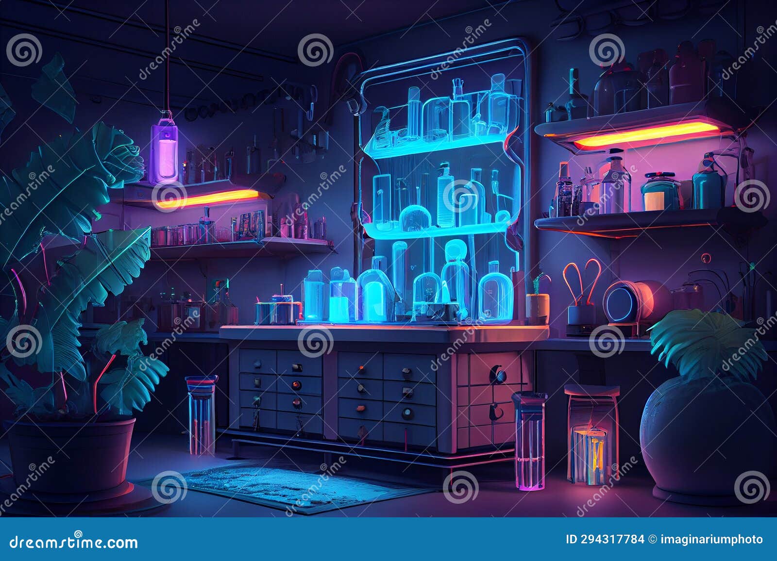 Table on the Second Stage of the Alchemy Laboratory with Neon Light, 3d ...