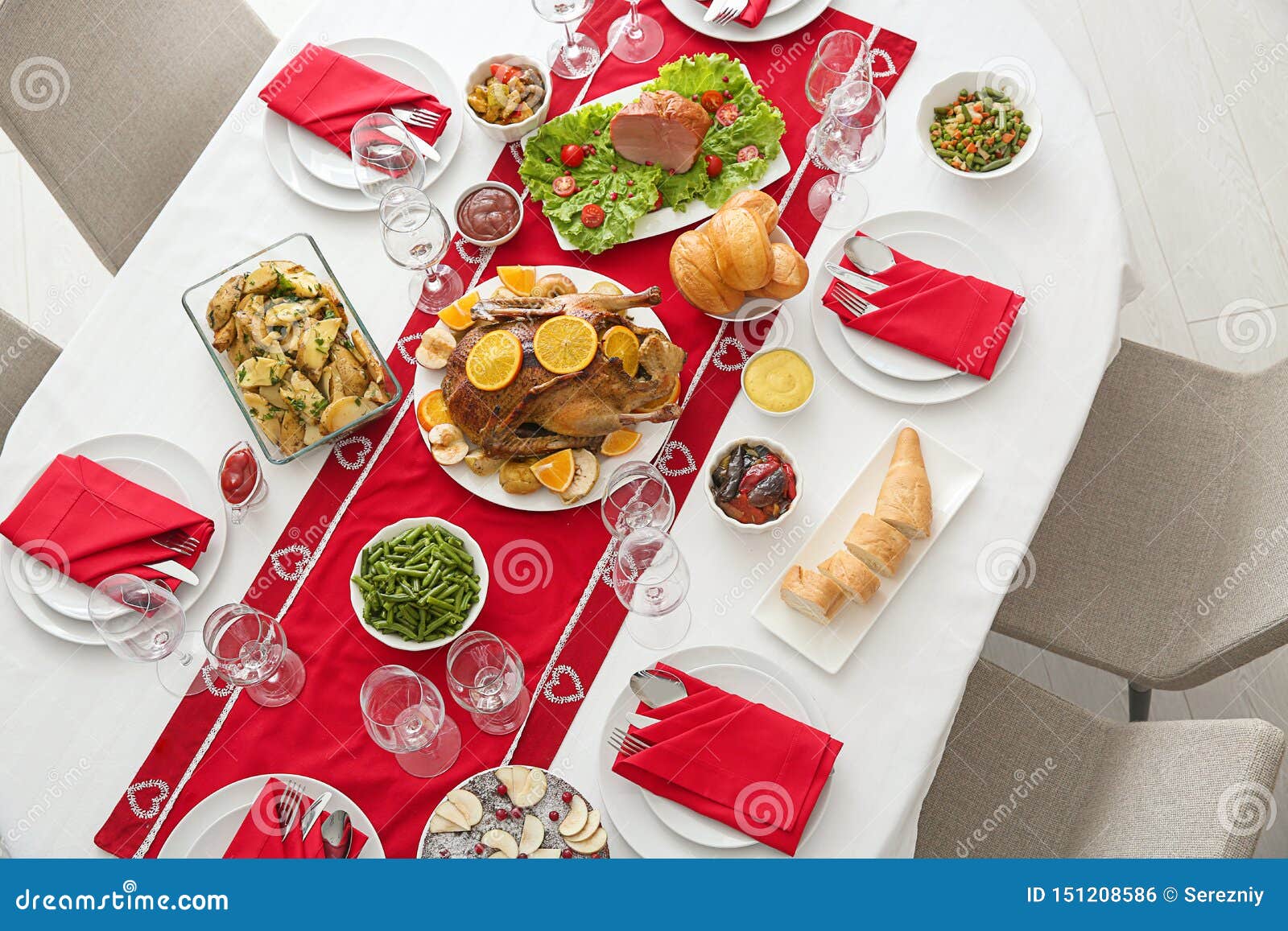 Table Set for Christmas Dinner, Top View Stock Photo - Image of napkin ...