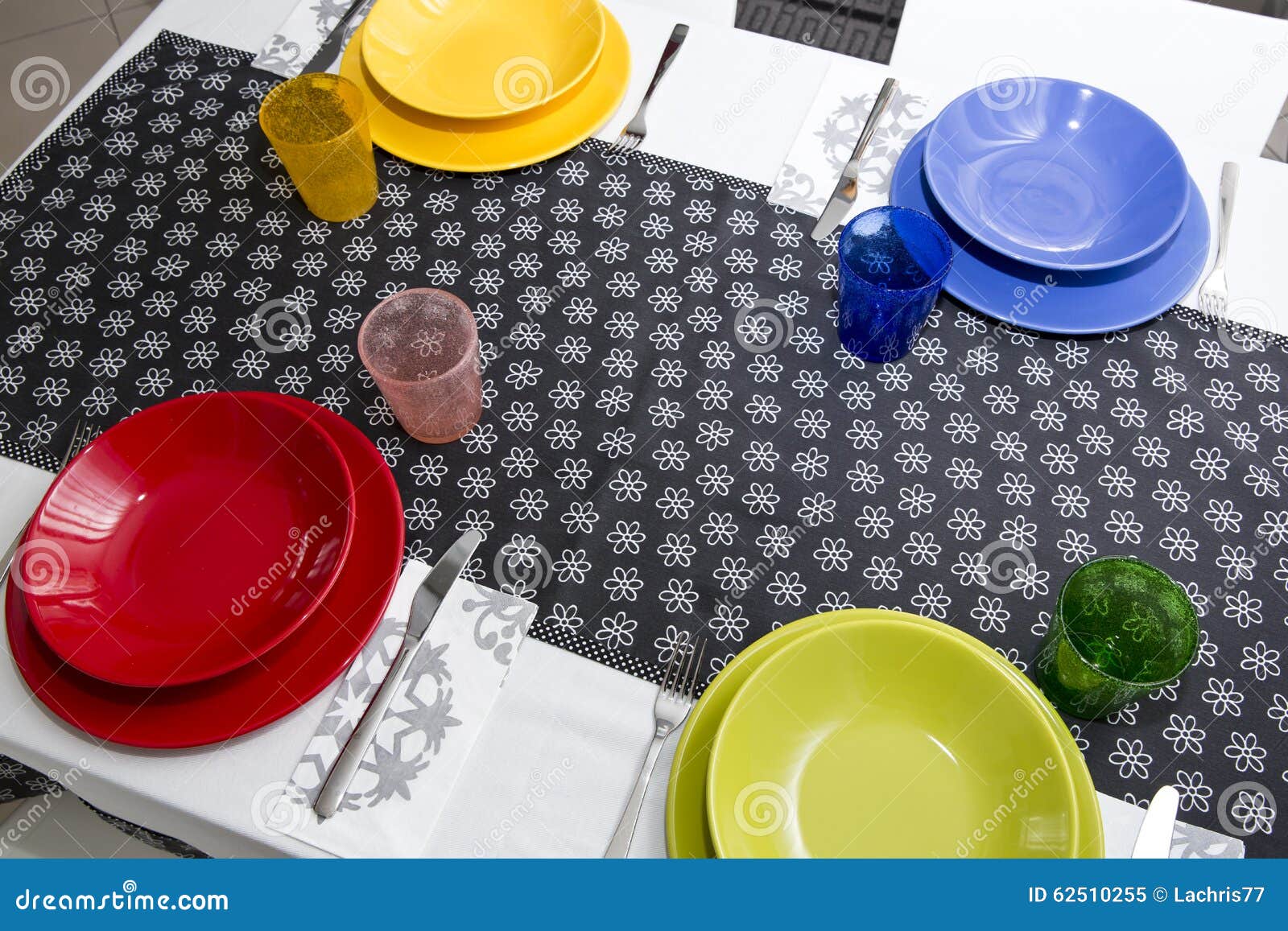 Table Set with Colorful Dishes Stock Image - Image of kitchen, elegant ...