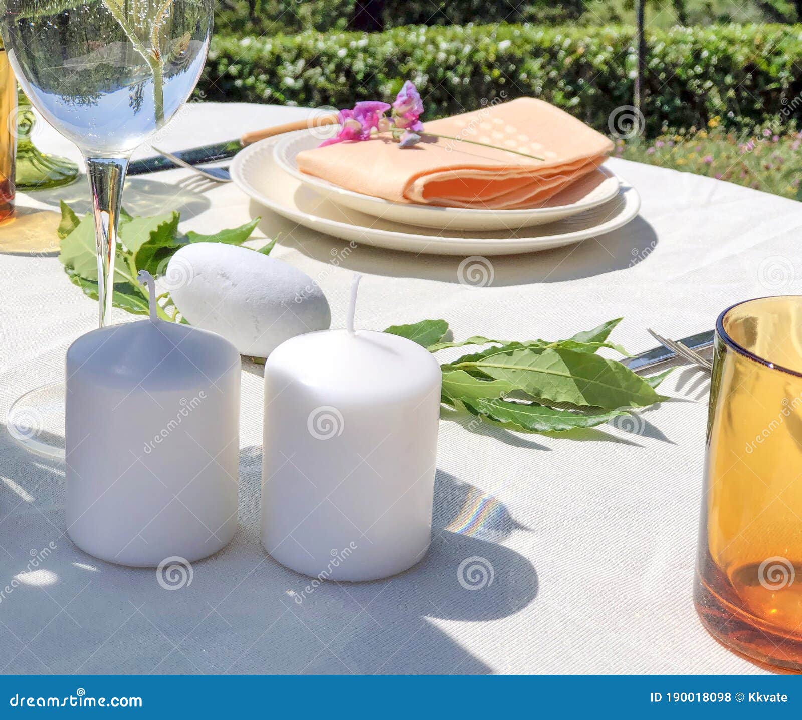 Table Set for Dinner in Garden Top View. White Tablecloth. Rustic ...