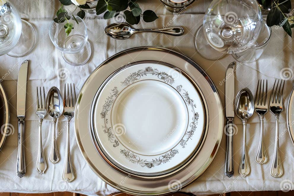 A Table Set with Elegant Silverware and Dinnerware for a Formal Dining ...
