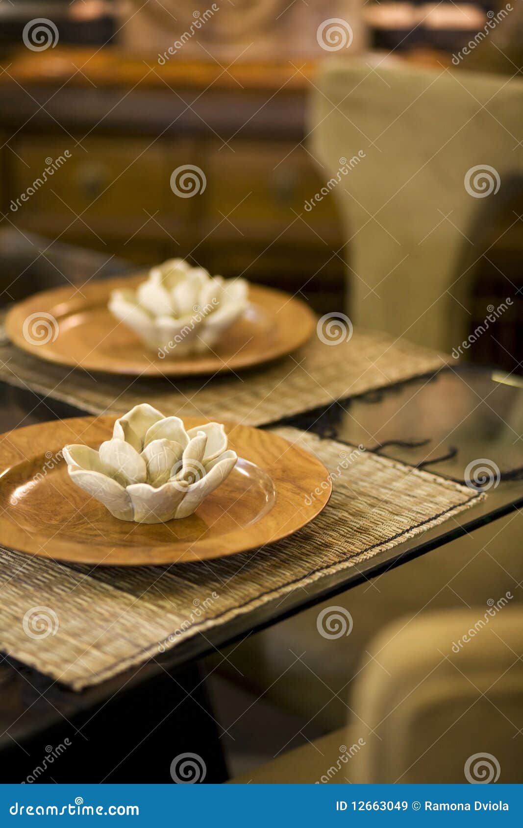 Table Set with Lotus Blossom Plates and Motif Stock Image - Image of ...