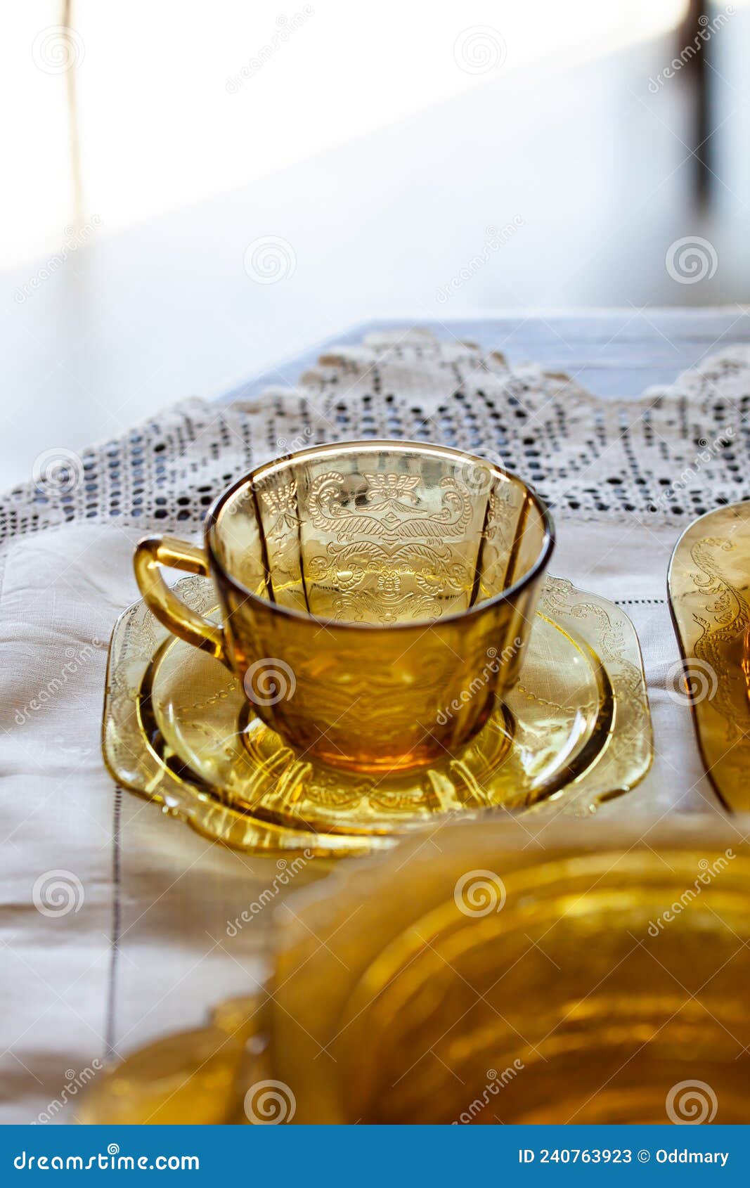 Table Setting with Antique Tea Glass Set with Filigree Pattern. Stock ...