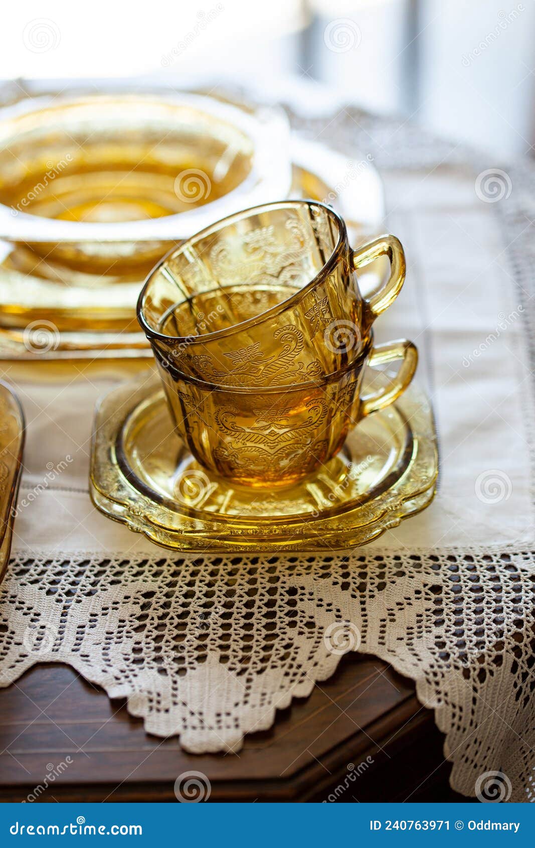 Table Setting with Antique Tea Glass Set with Filigree Pattern. Stock ...