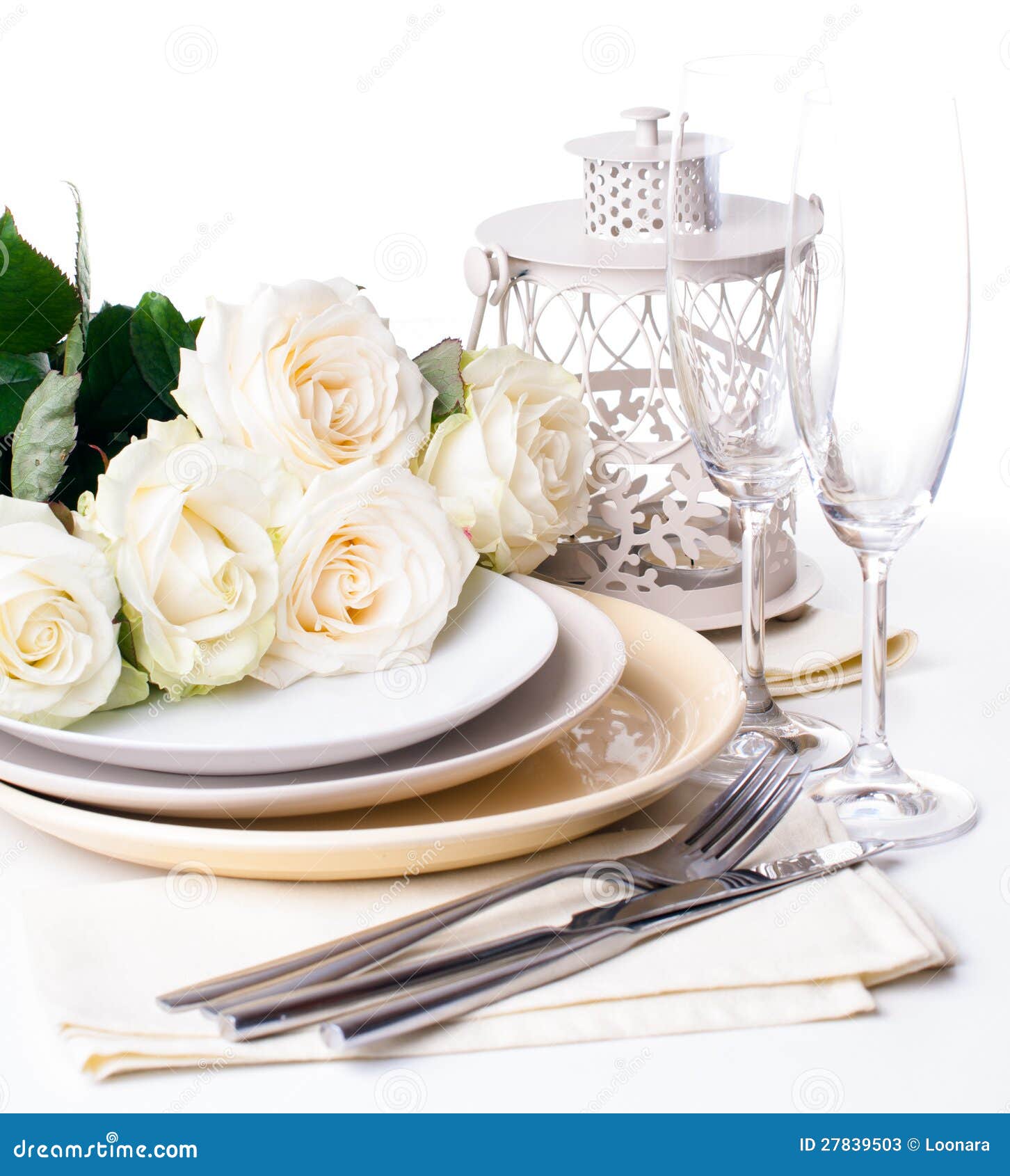 Table Setting with Beige Roses Stock Image - Image of decor, event ...