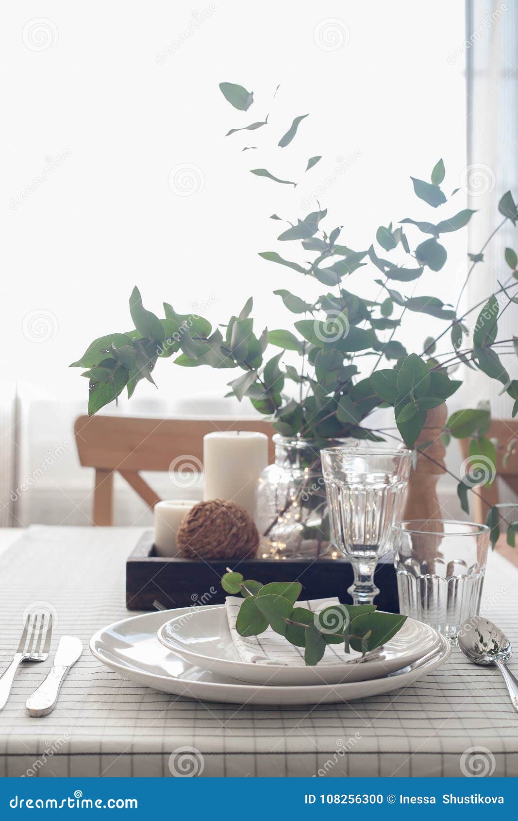 Table Setting with Branches of Eucalyptus Stock Photo - Image of green ...