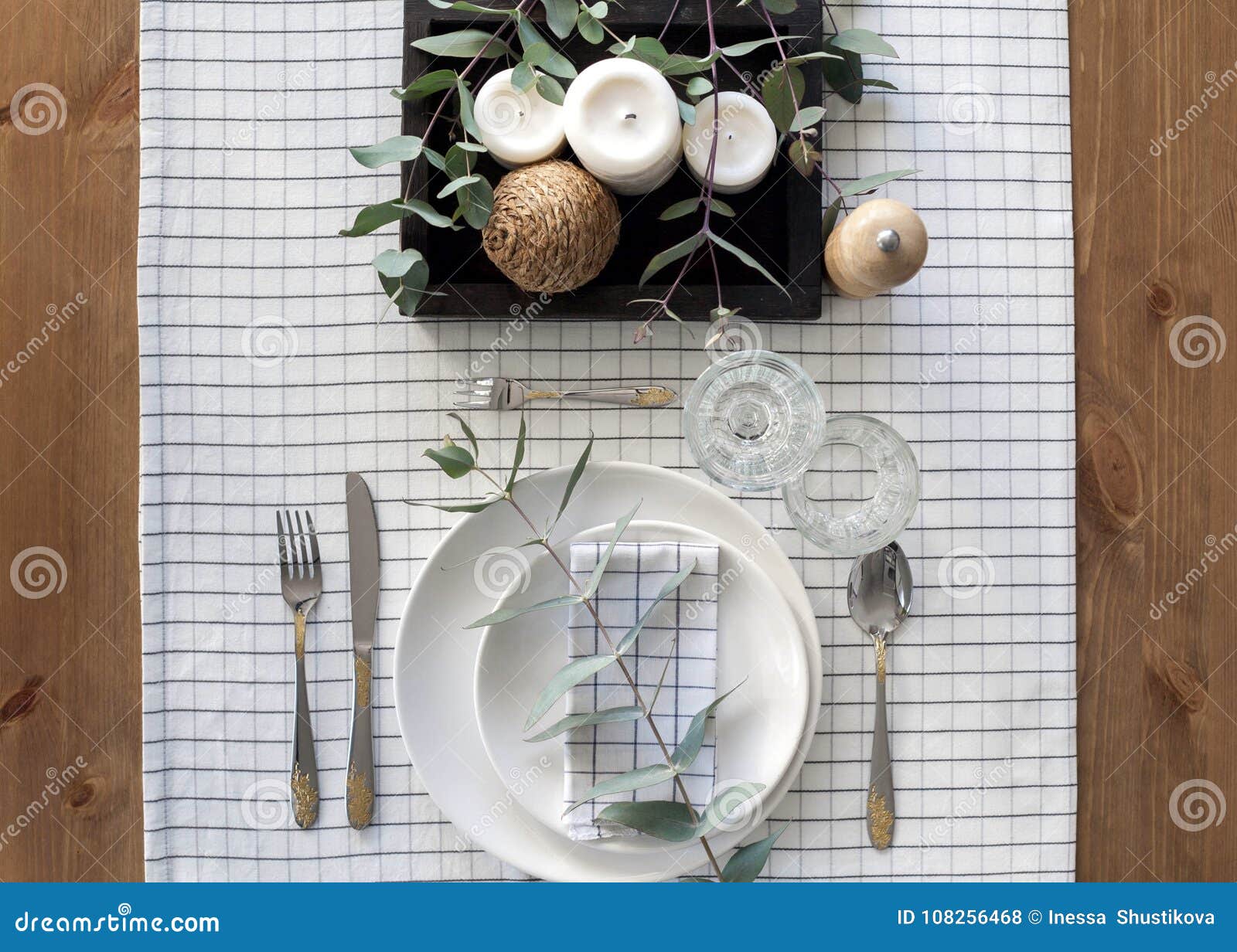 Table Setting with Branches of Eucalyptus Stock Photo - Image of design ...