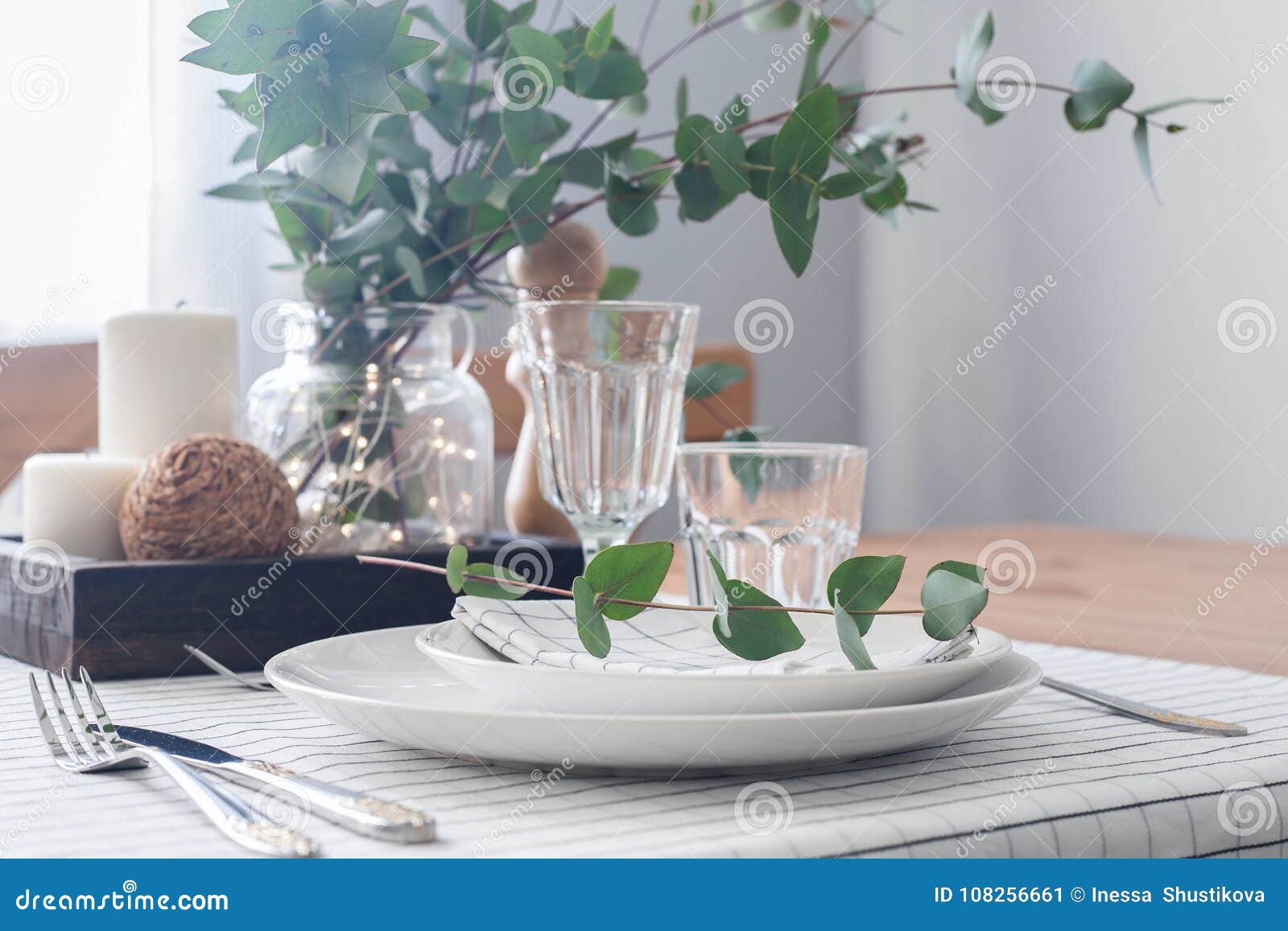 Table Setting with Branches of Eucalyptus Stock Image - Image of formal ...