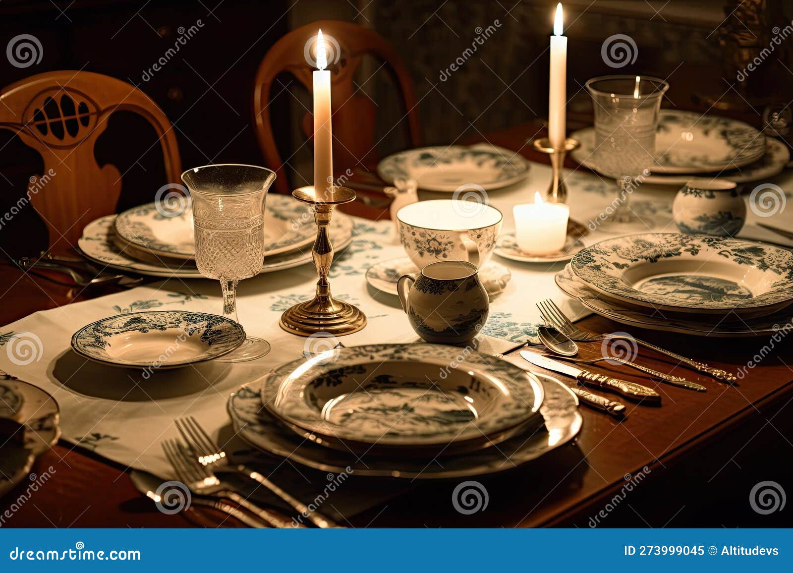 Table Setting for Candlelit Dinner, with Place Settings and Fine China ...