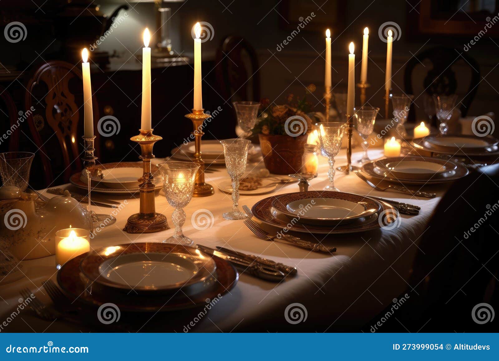 Table Setting for Candlelit Dinner, with Place Settings and Fine China ...