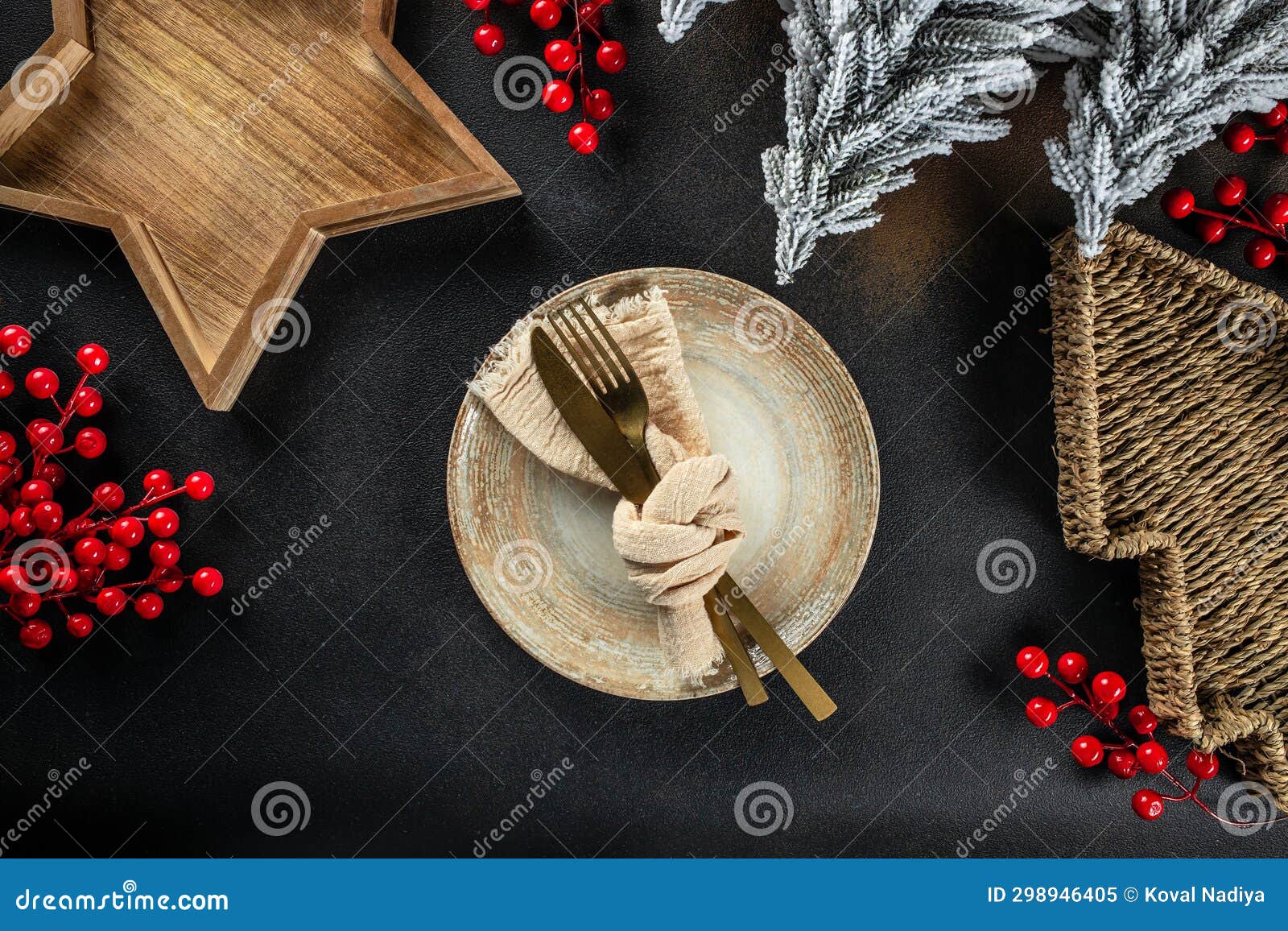 Table Setting for Christmas on a Dark Background. Top View Stock Image ...