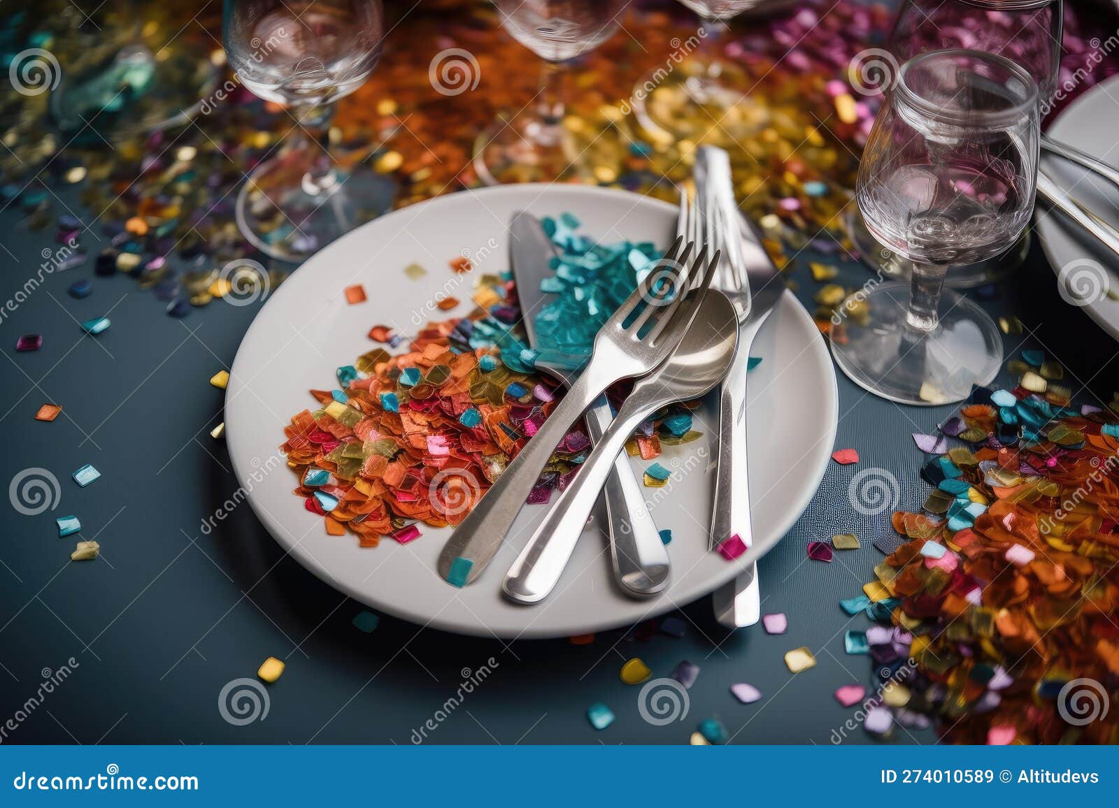 Table Setting with Colorful Confetti and Silverware for Wedding ...
