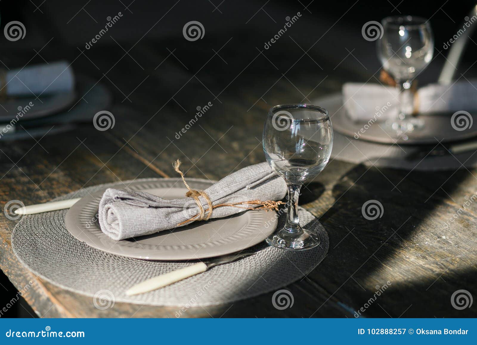 Table Setting. Couple Empty Grey Plates. Knife and Fork. Old Fashioned ...