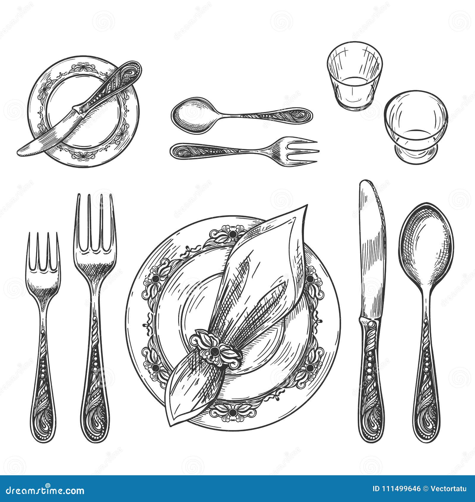 Table setting drawing stock vector. Illustration of draw - 111499646