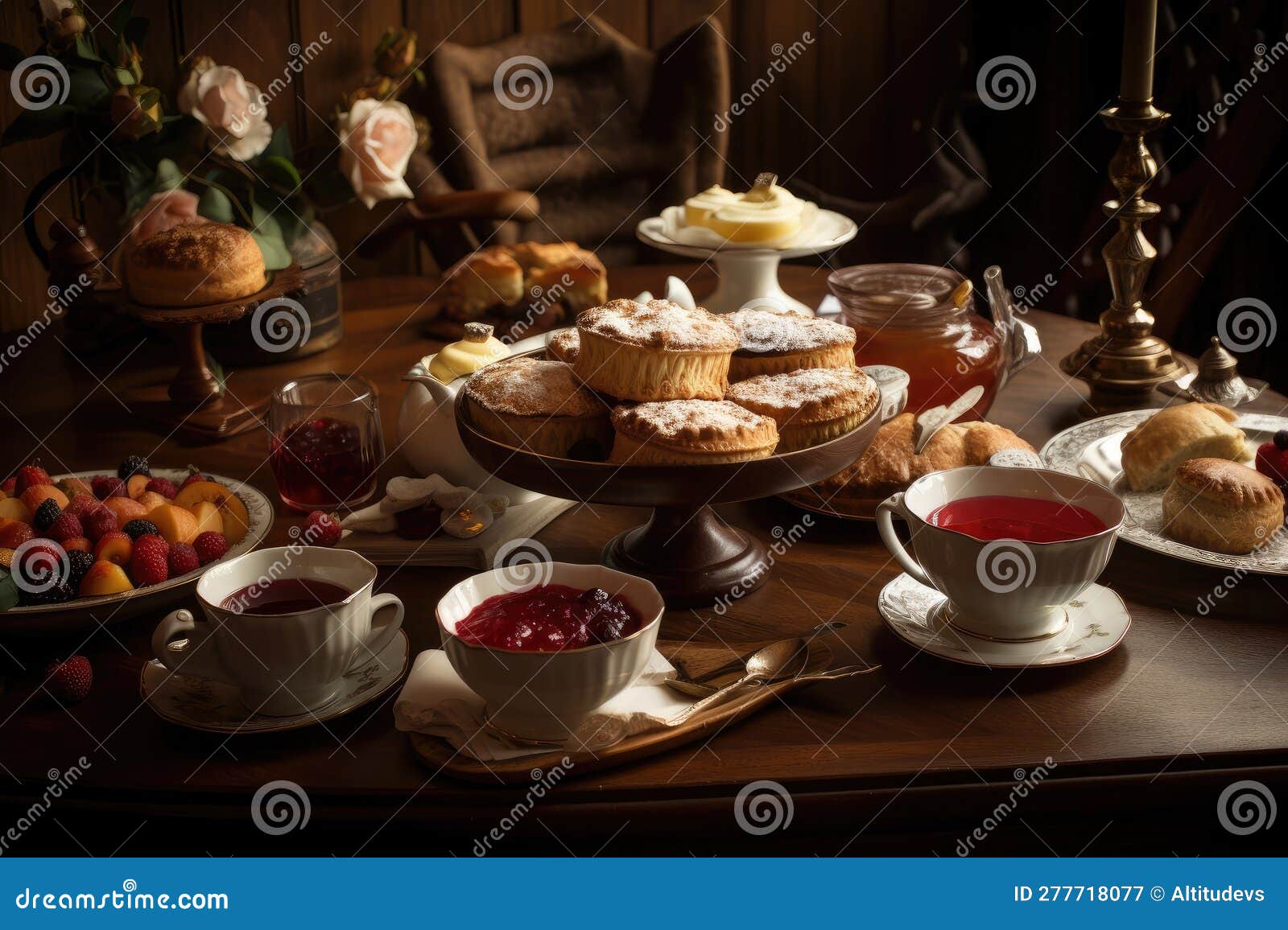 Table Setting of Fruit Pies, Scones and Tea for Elegant Afternoon Tea ...
