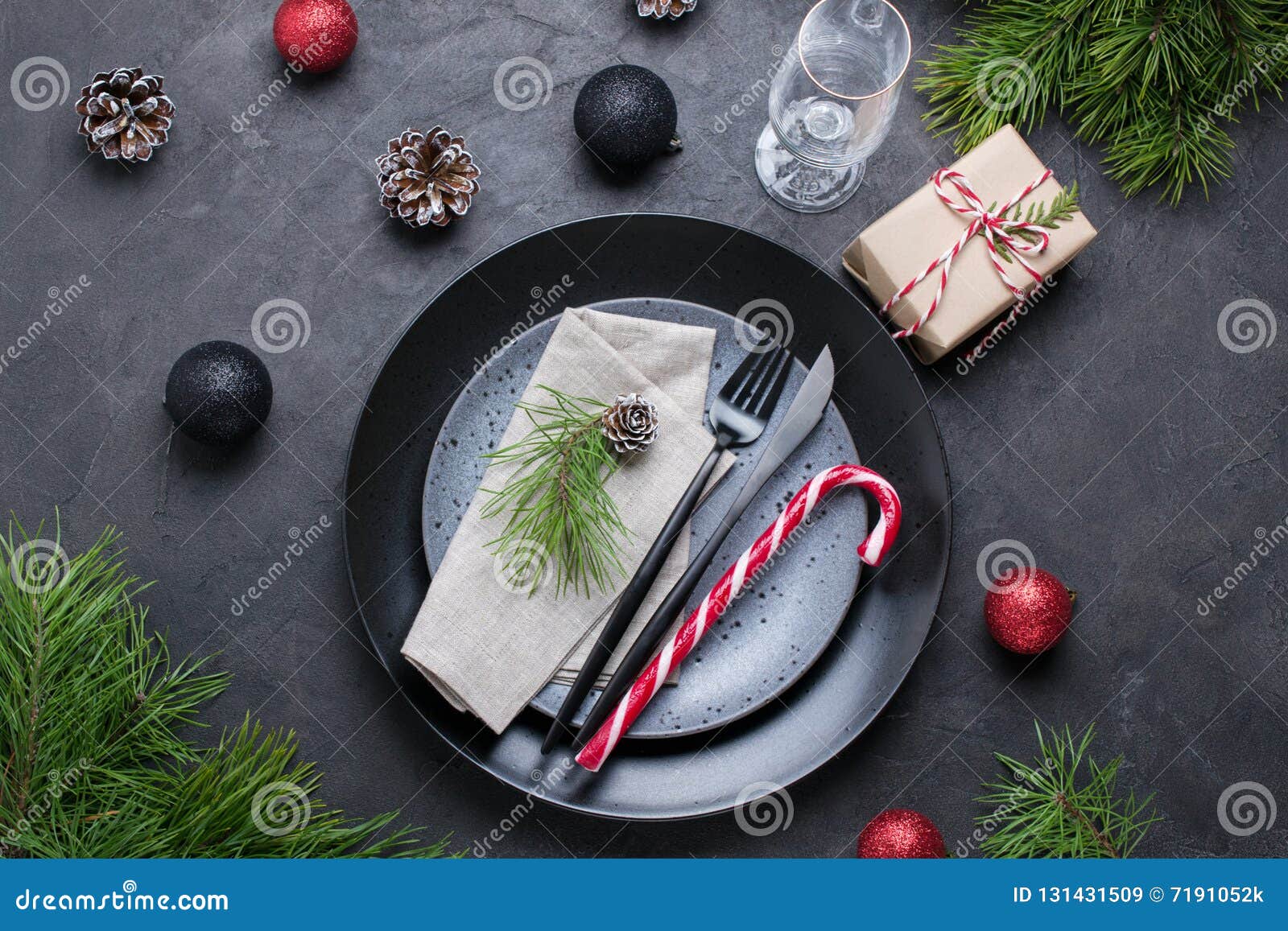 Table Setting with Gift Boxes,candy Cane and Holiday Decorations Top ...