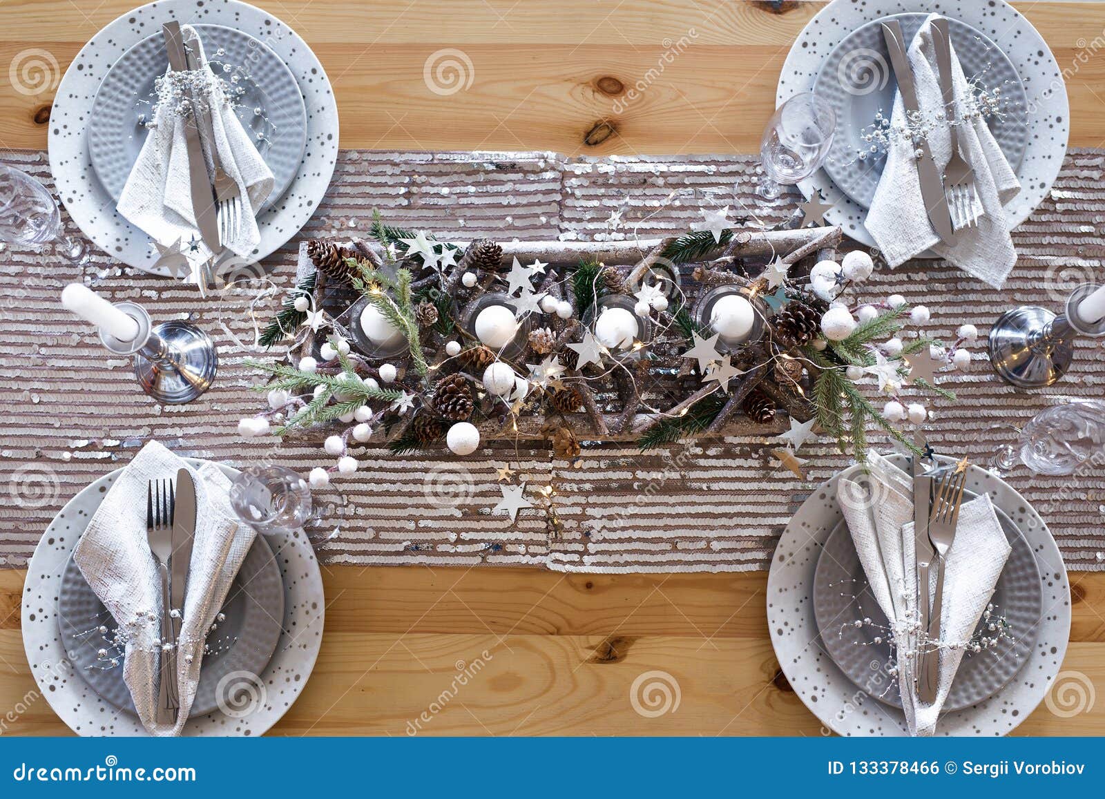 Table Setting with Gift Boxes and Holiday Decorations Top View ...