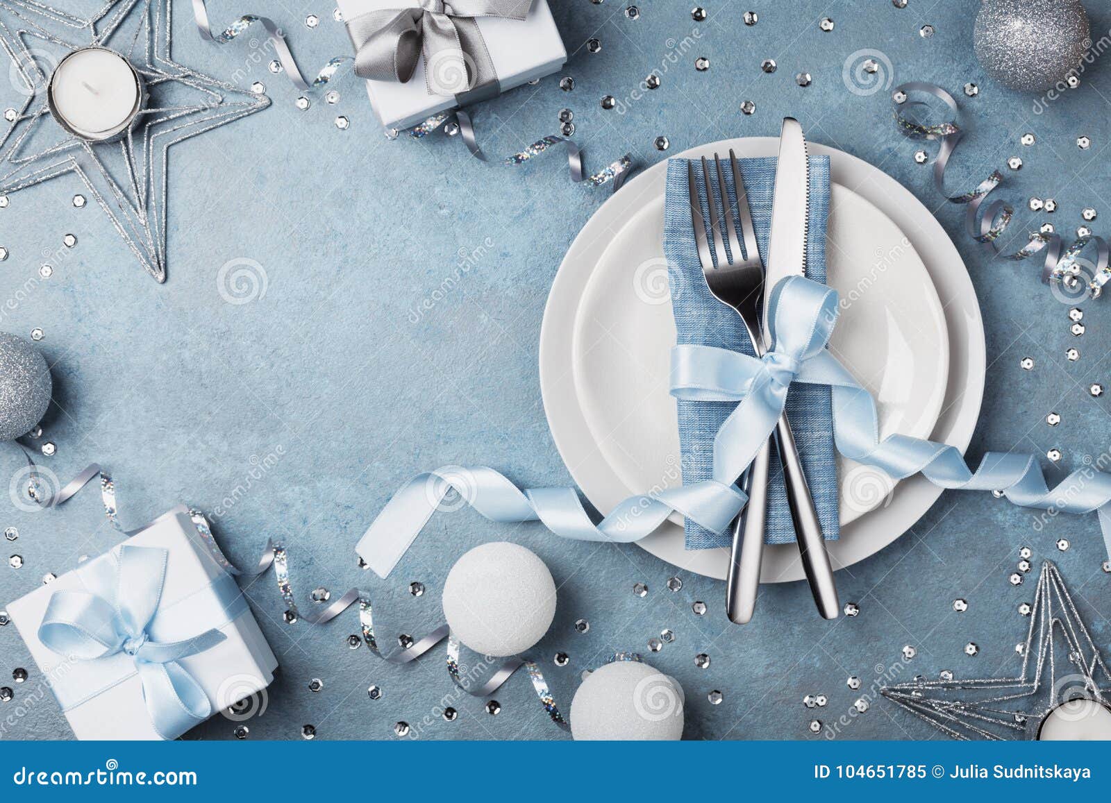 Table Setting with Gift Boxes and Holiday Decorations Top View ...