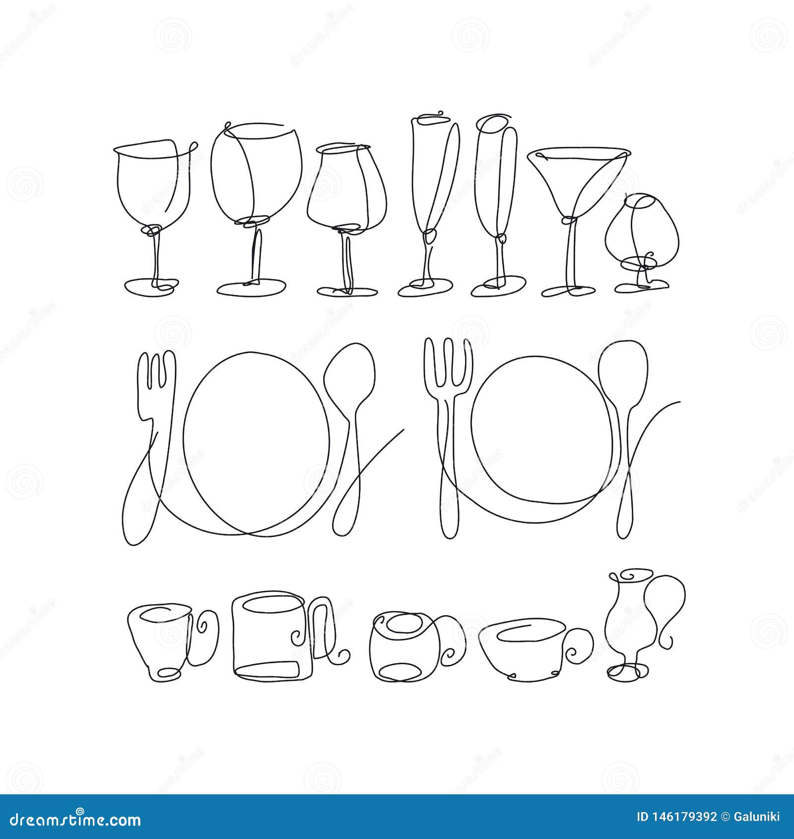 Table Setting Items Continuous Line Drawing Set Stock Vector ...