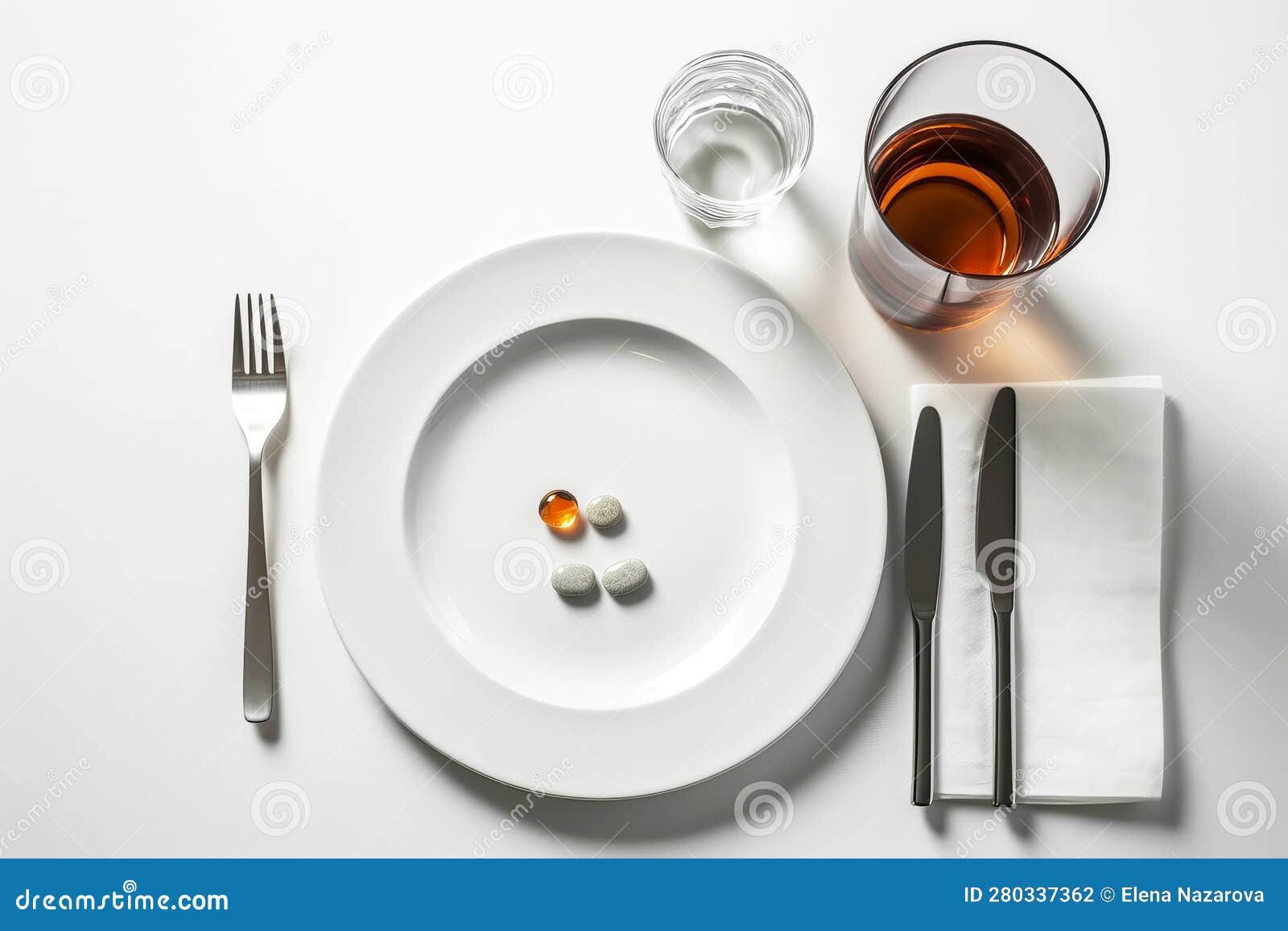 Table Setting with a Plate of Tablets, Capsules and Pills. Taking ...