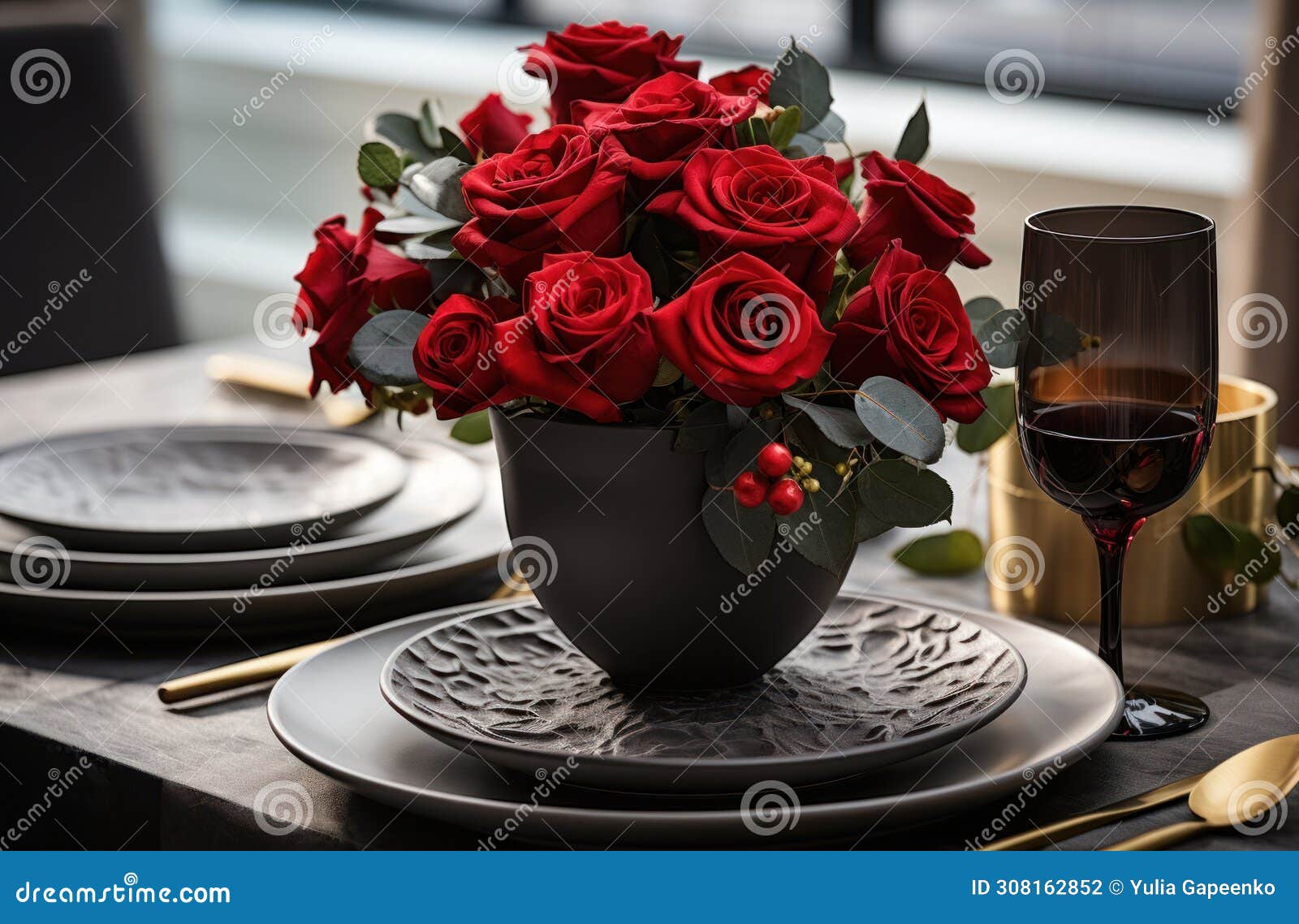 Table Setting with Red Roses on a White Marble Base Stock Photo - Image ...
