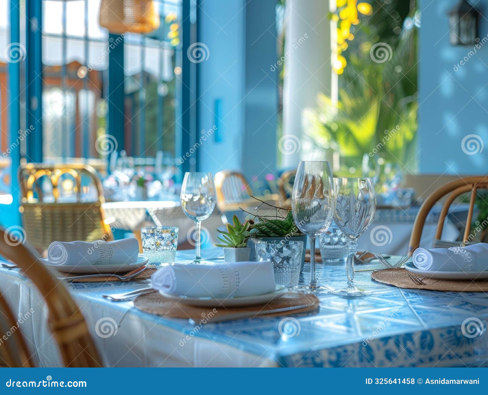Table Setting in the Restaurant Interior Light Blue Tones Mediterranean ...