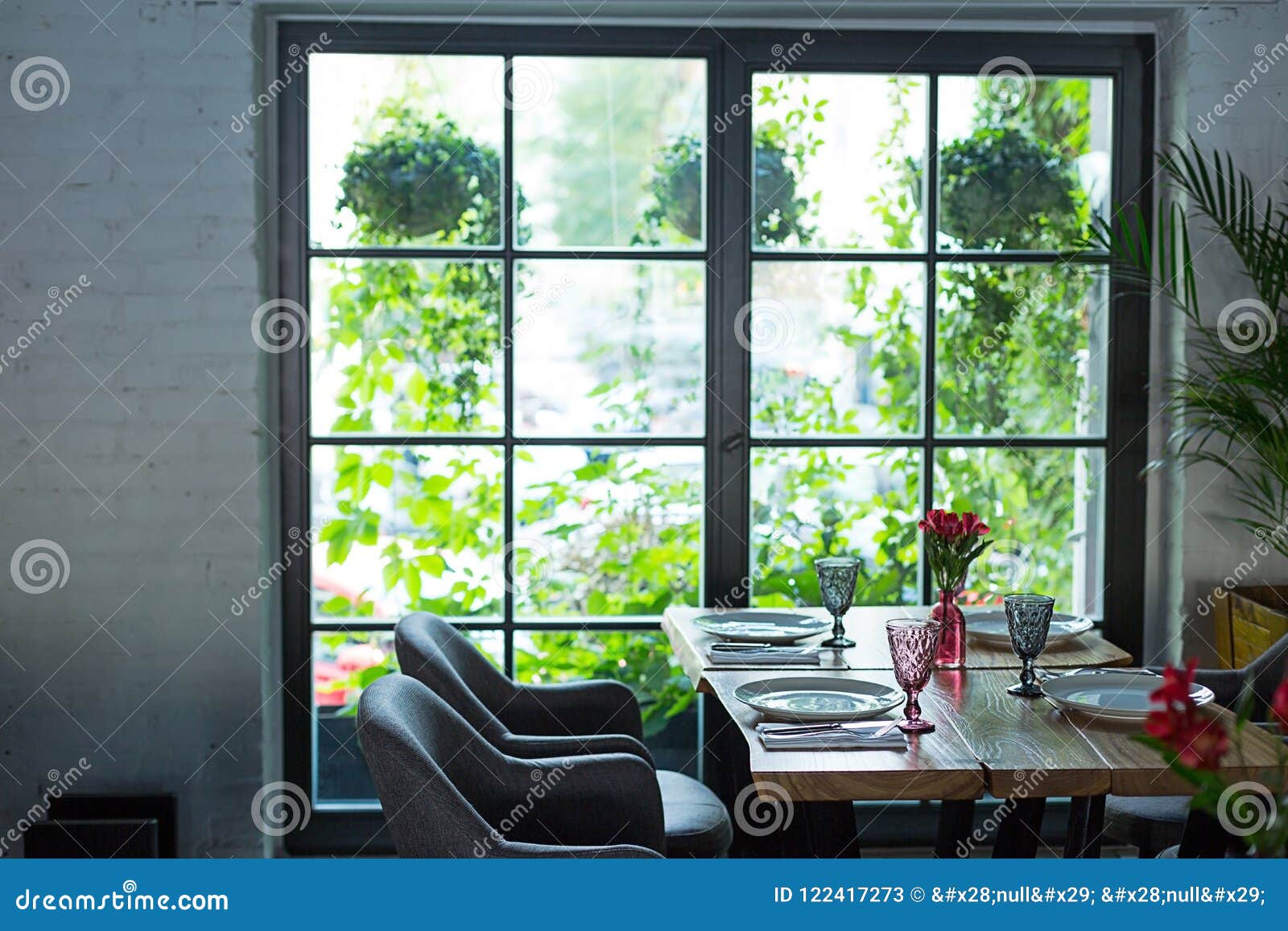 Restaurant, Lunch Time. Dinner Table6 Big Window To the Garden. Stock ...