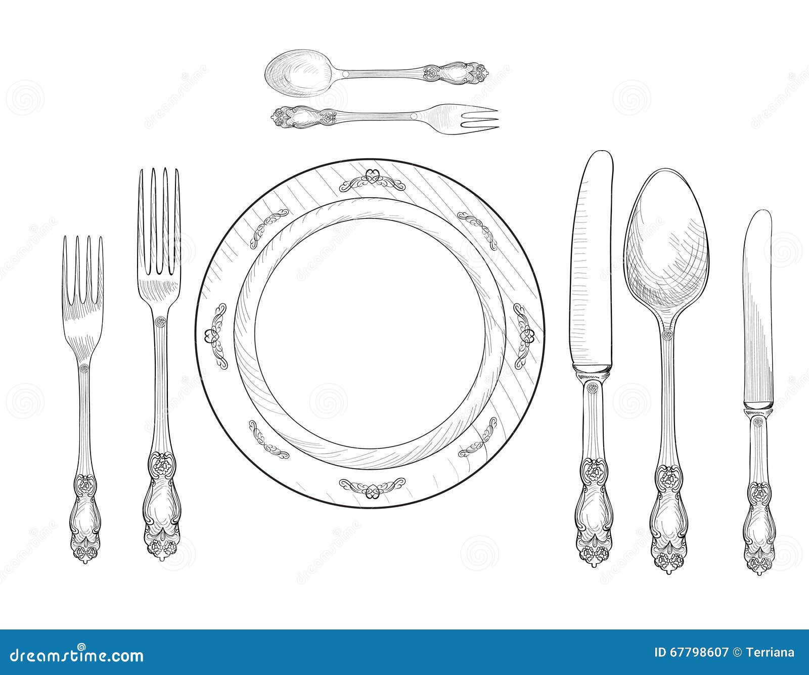 Table Setting Set Fork Knife Spoon Plate Sketch Set Stock Illustration Illustration Of