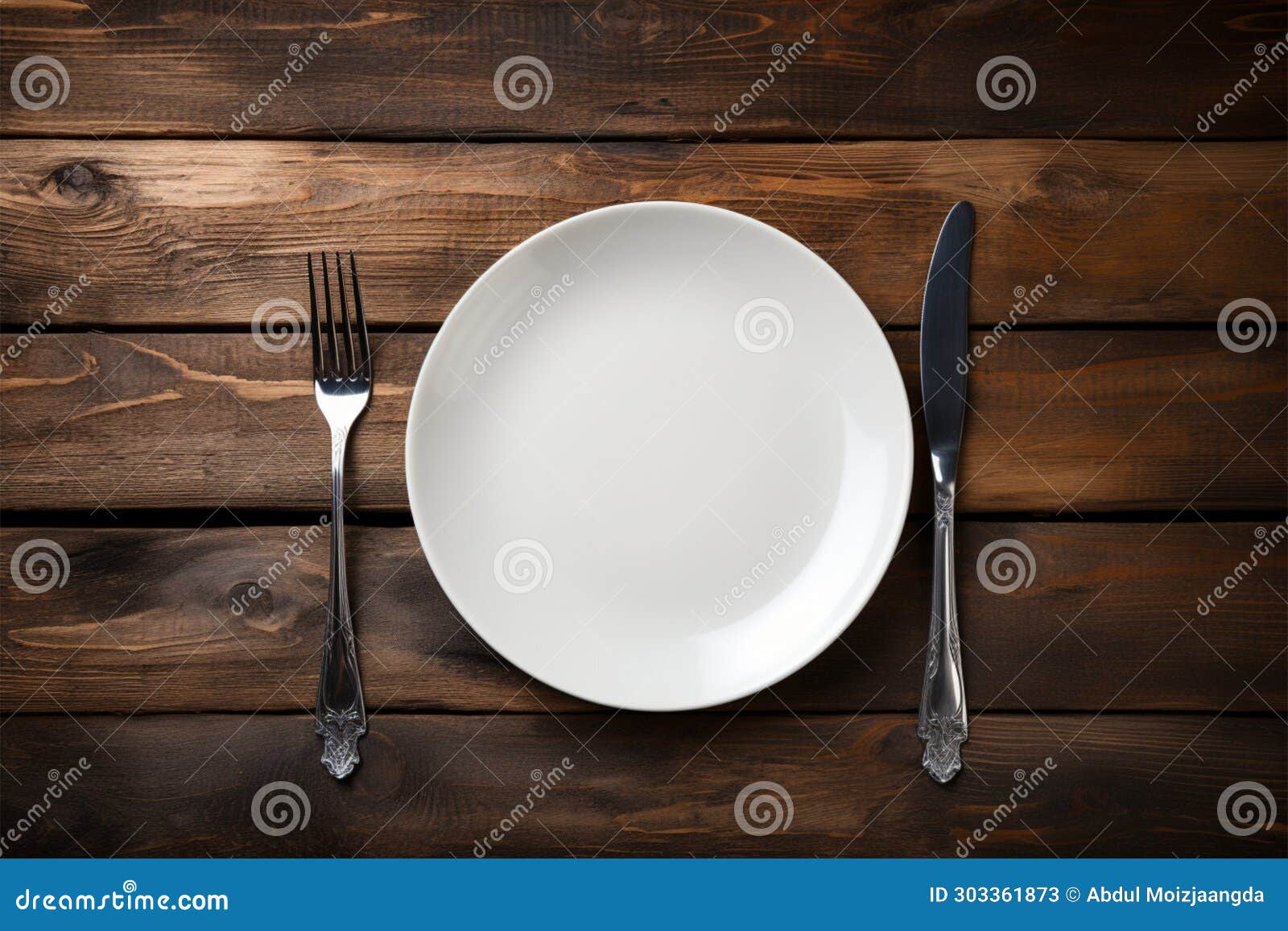 Table Setting Simplicity Empty Plate, Fork, Knife on Rustic Wood Stock Illustration ...