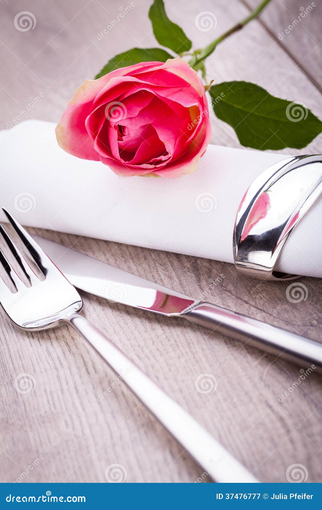 Table Setting with a Single Pink Rose Stock Image - Image of ...